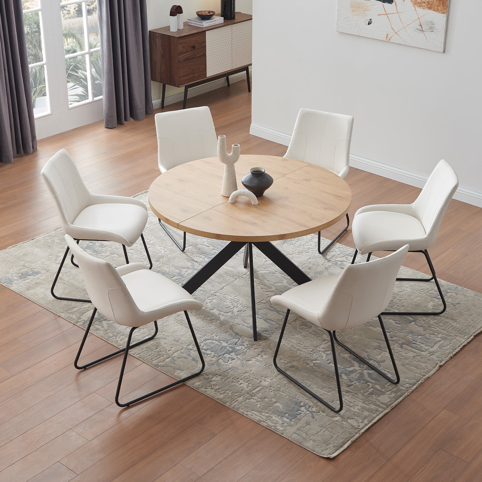 Jiexi 46.4" Modern Round Dining Table Set, Mid Century, Steel Legs, for ...