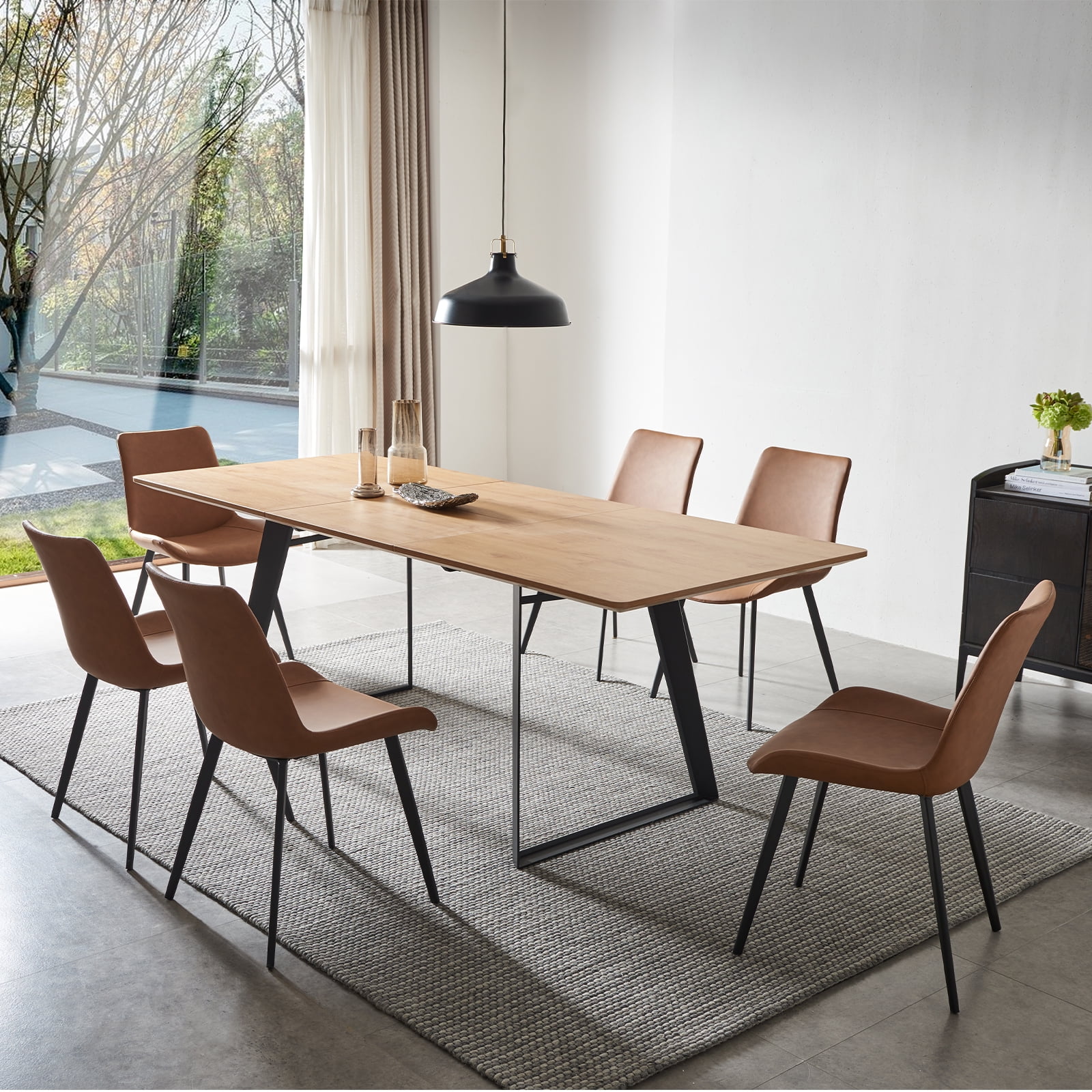 Jiexi 7-Piece Modern Mid-Century Dining Table Set, Natural Wood ...