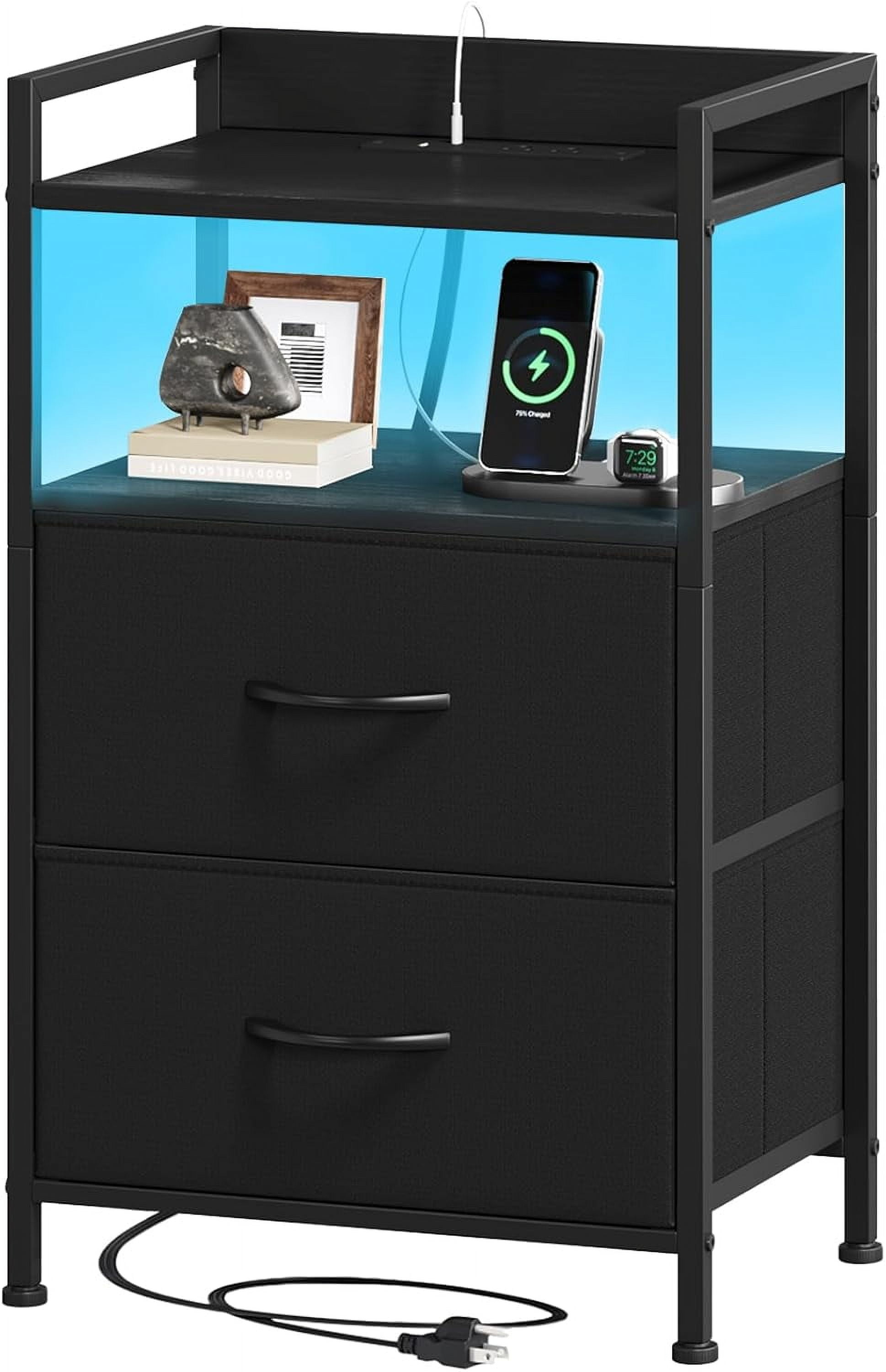 vhibuon Nightstand with Charging Station and LED Light for Bedroom Tall ...
