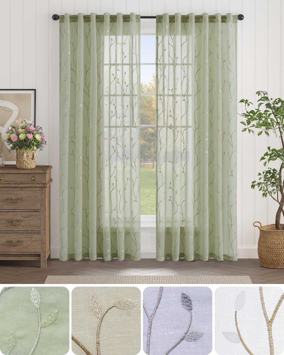 jinchan Green Sheer Curtains for Bedroom 84 Inch Length Leaf ...