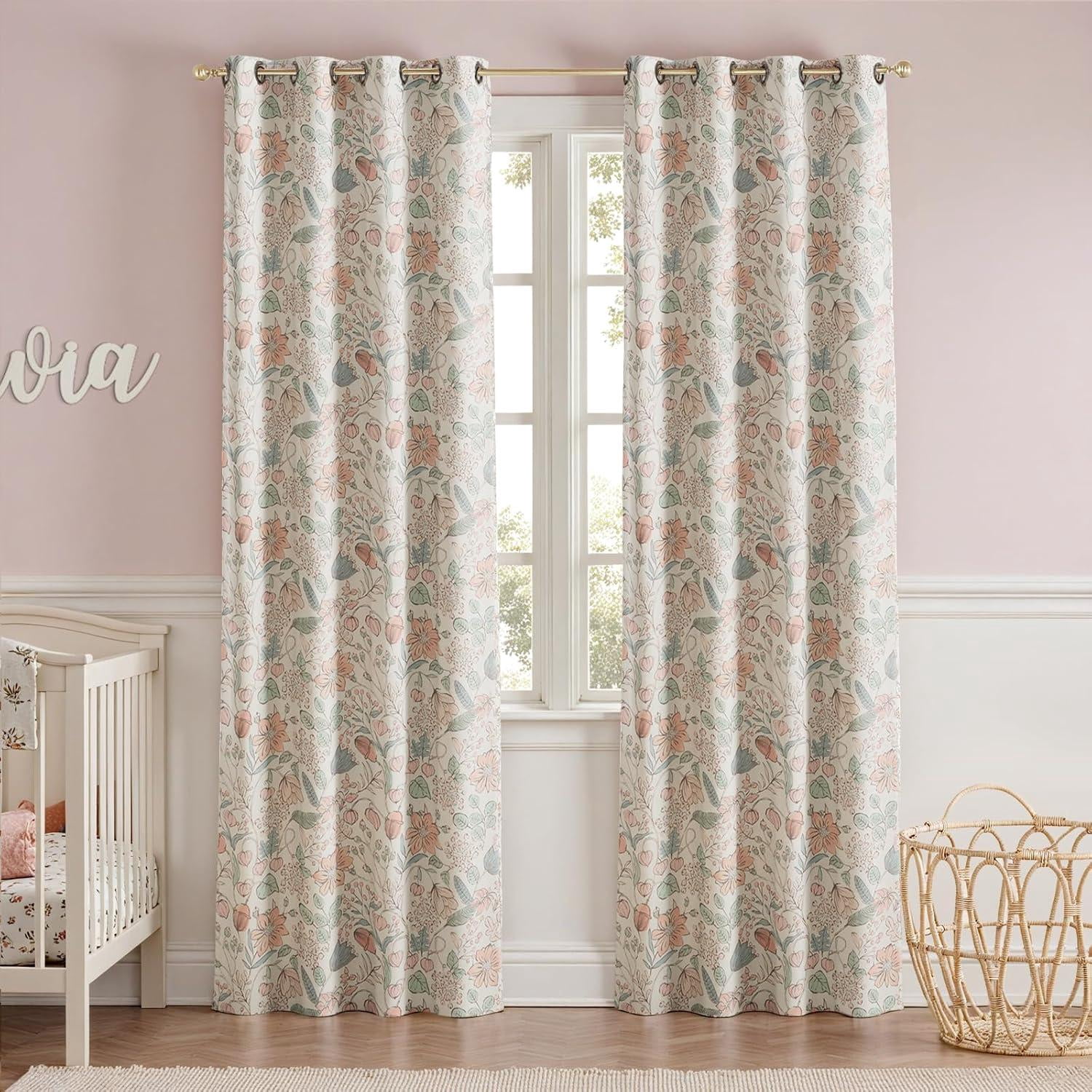 jinchan Nursery Curtains 95% Blackout 90 Inch Long, Spring Floral ...