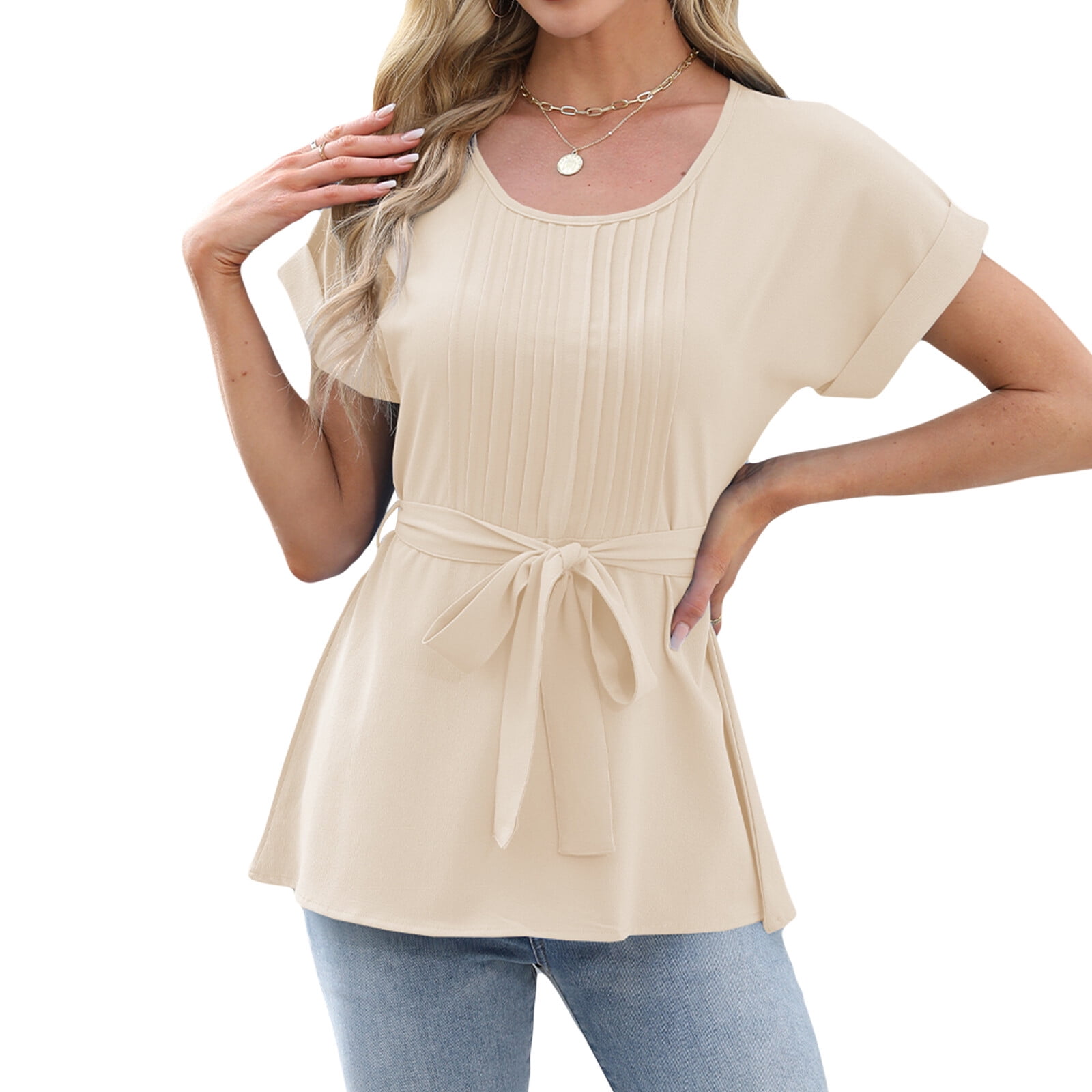 jinghuiyue Women’s Short Sleeve Chiffon Blouses Causal Dressy Pleated ...
