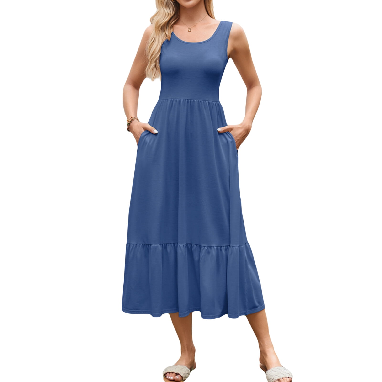 jinghuiyue Women’s Summer Sleeveless Dress Casual Flowy Tiered Maxi ...