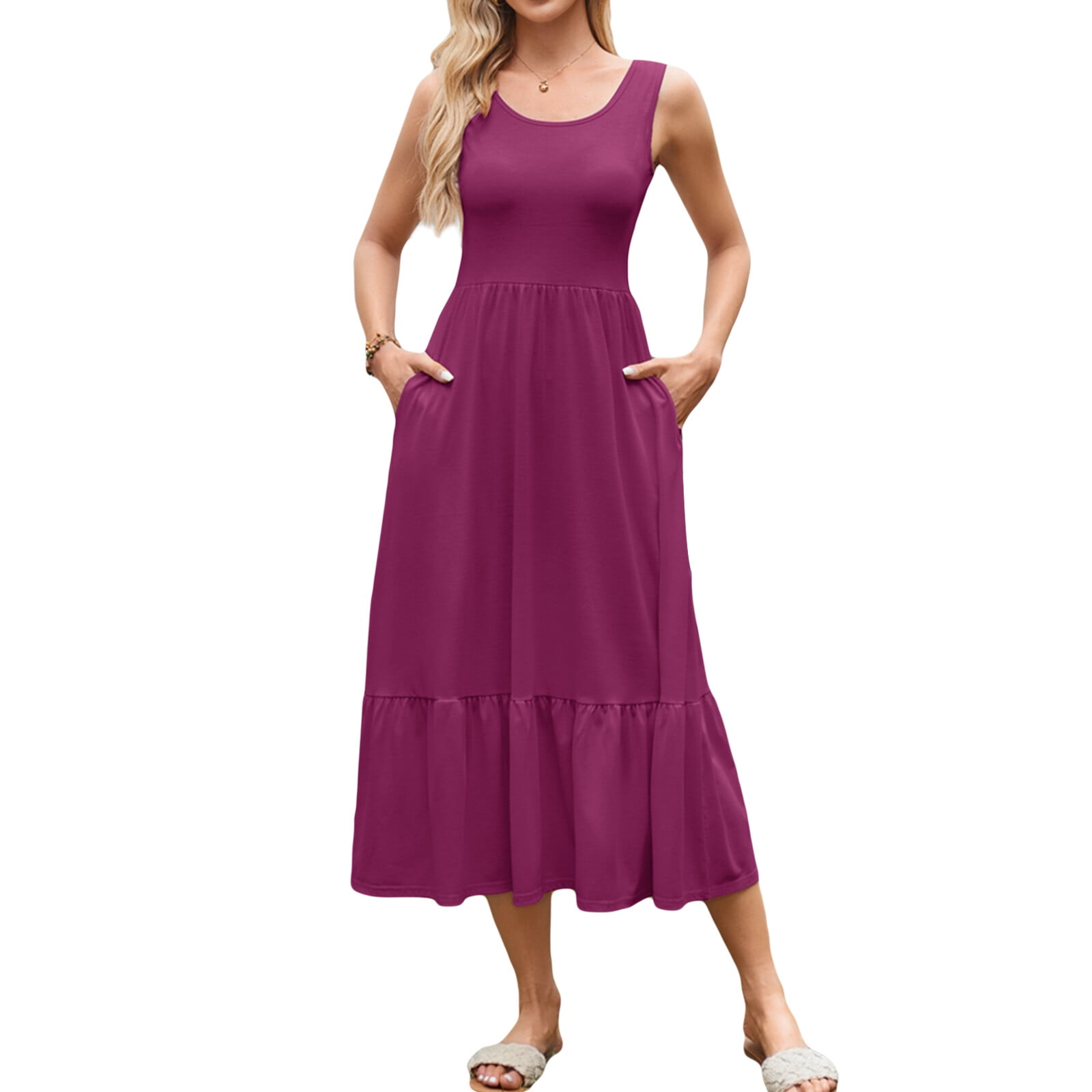 jinghuiyue Women’s Summer Sleeveless Dress Casual Flowy Tiered Maxi ...