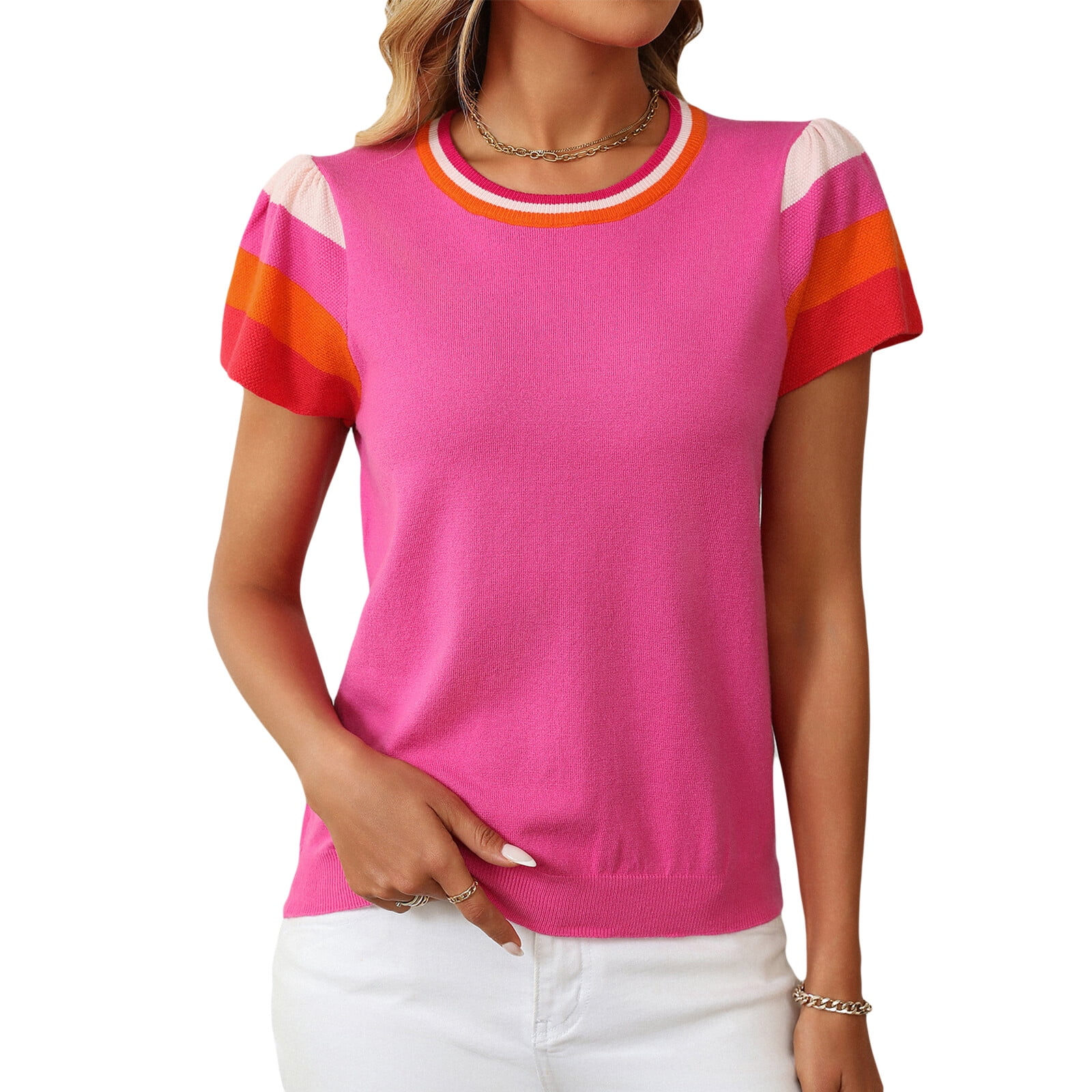 jinghuiyue Womens Cap Sleeve Tops Spring Summer Crew Neck Color Block ...