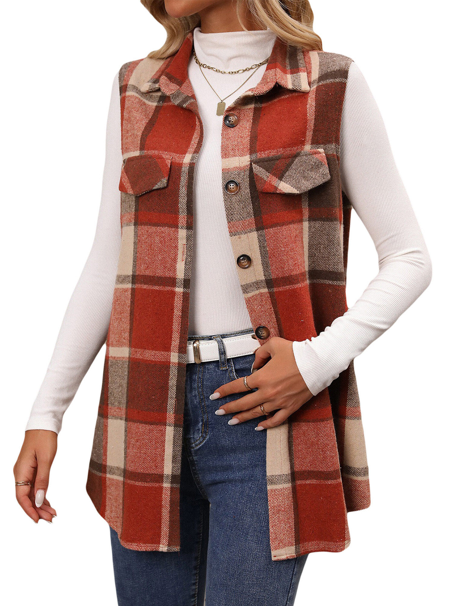 jinghuiyue Womens Plaid Vest Button Down Sleeveless Lapel Neck Long ...