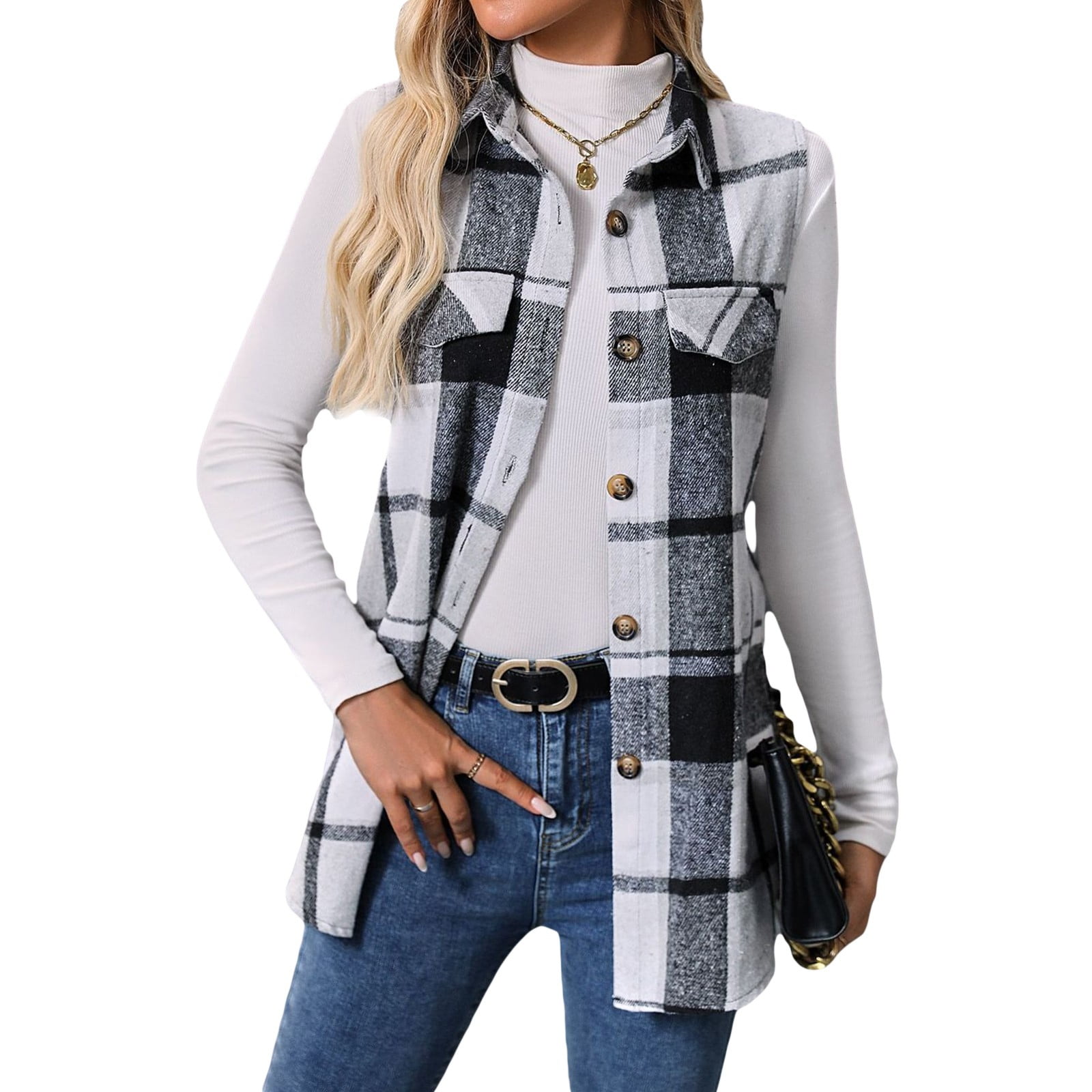 jinghuiyue Womens Plaid Vest Button Down Sleeveless Lapel Neck Long ...