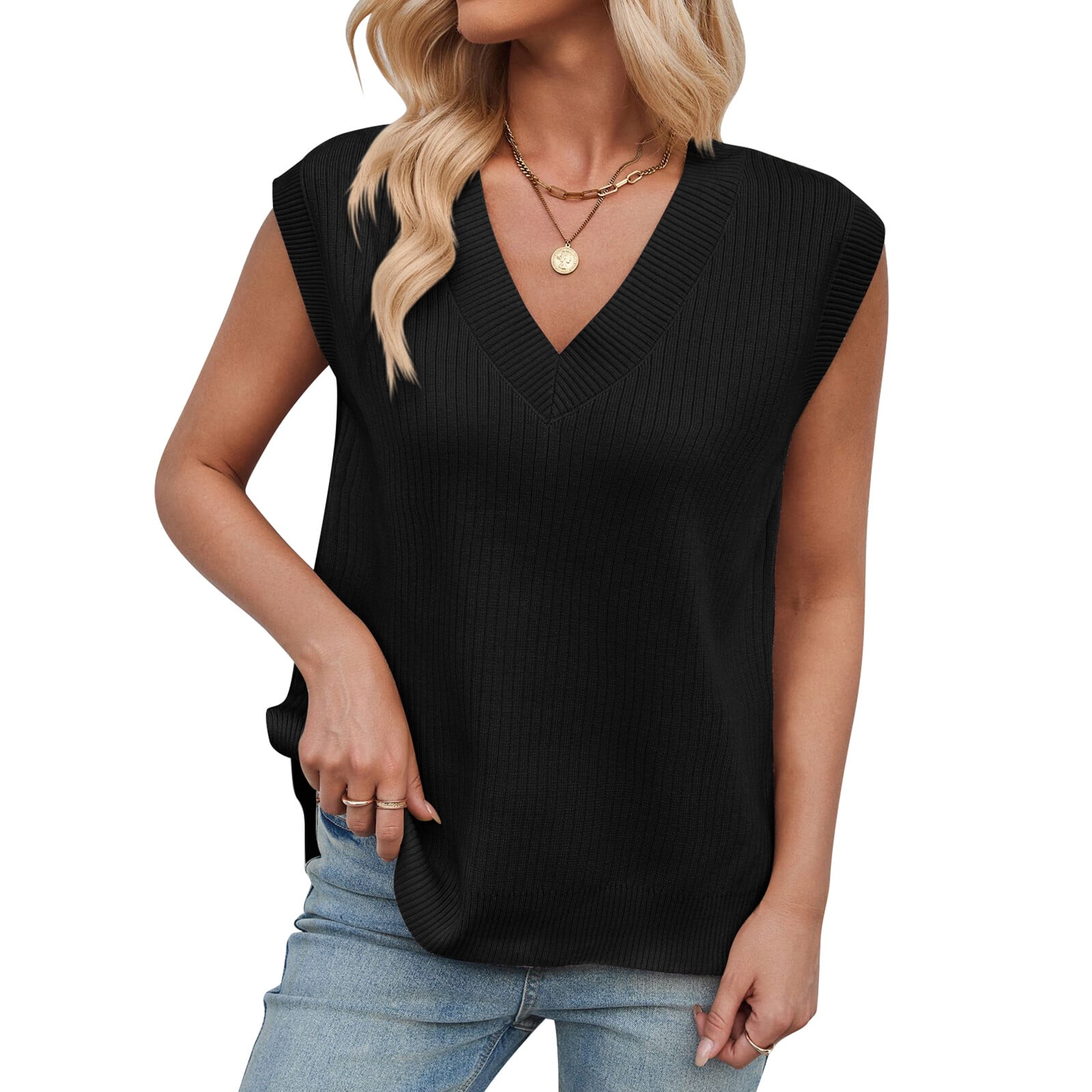 jinghuiyue Womens V Neck Sweater Vest Oversized Ribbed Knit Pullover ...
