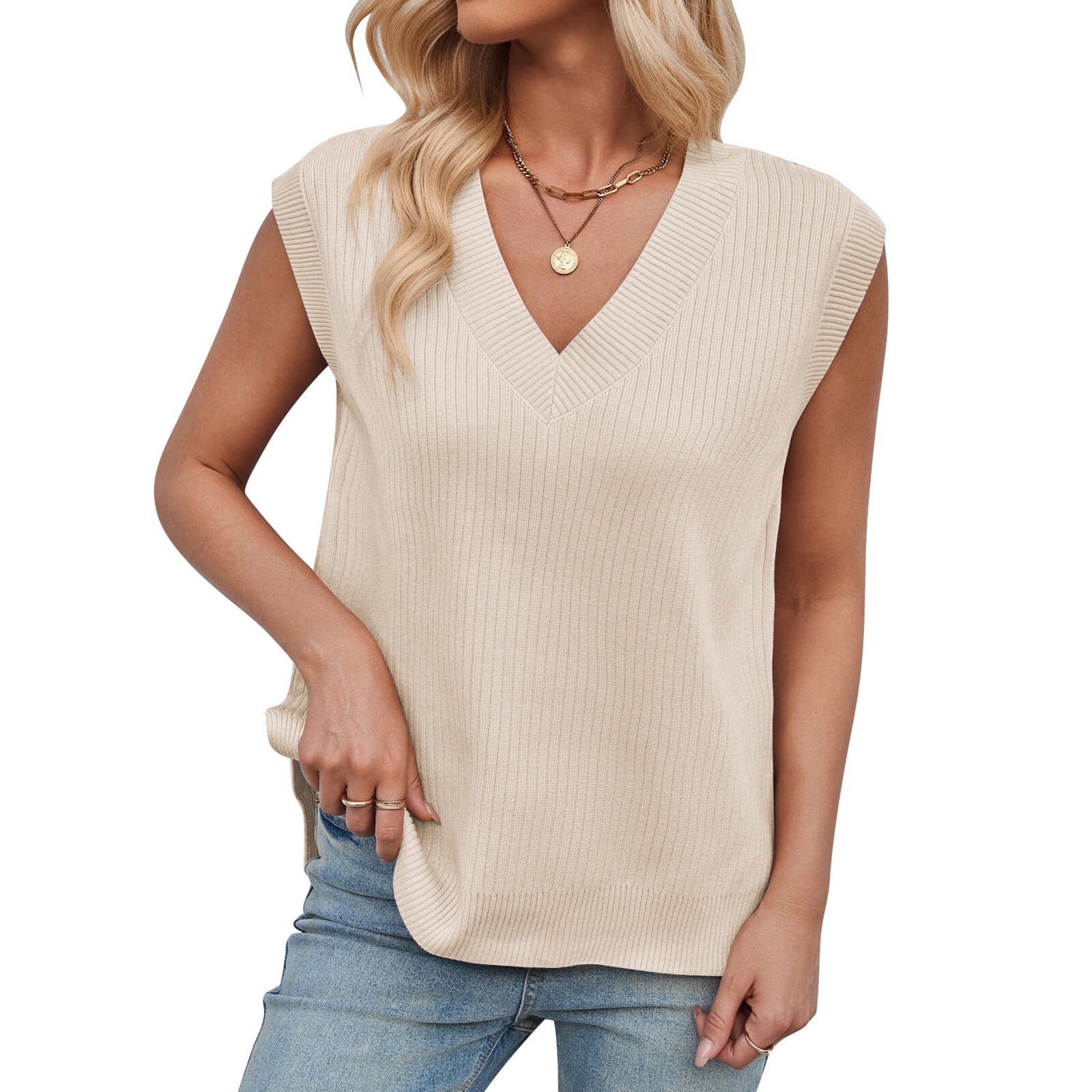jinghuiyue Womens V Neck Sweater Vest Oversized Ribbed Knit Pullover ...
