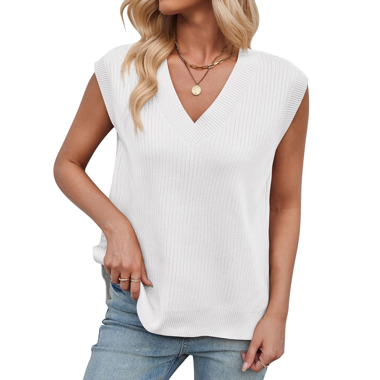 jinghuiyue Womens V Neck Sweater Vest Oversized Ribbed Knit Pullover ...