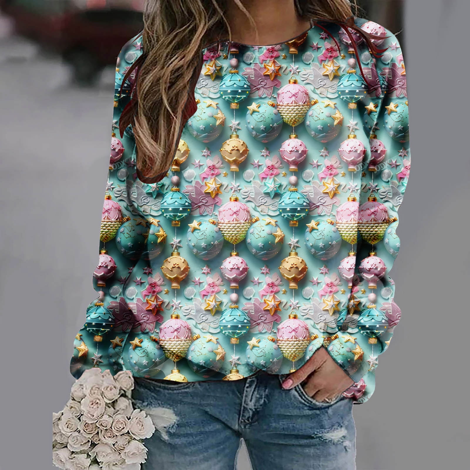 jjayotai Christmas Tops for Women, 3D Santa Print Long Sleeve Fall ...