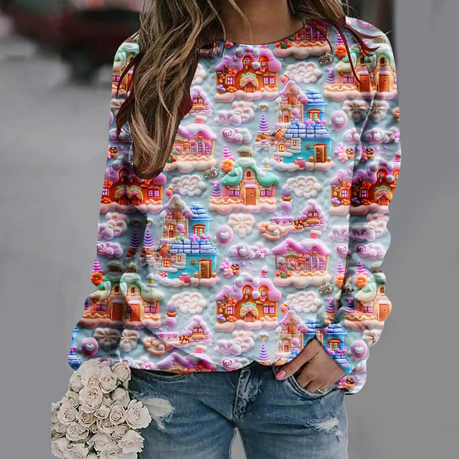 jjayotai Christmas Tops for Women, 3D Santa Print Long Sleeve Fall ...