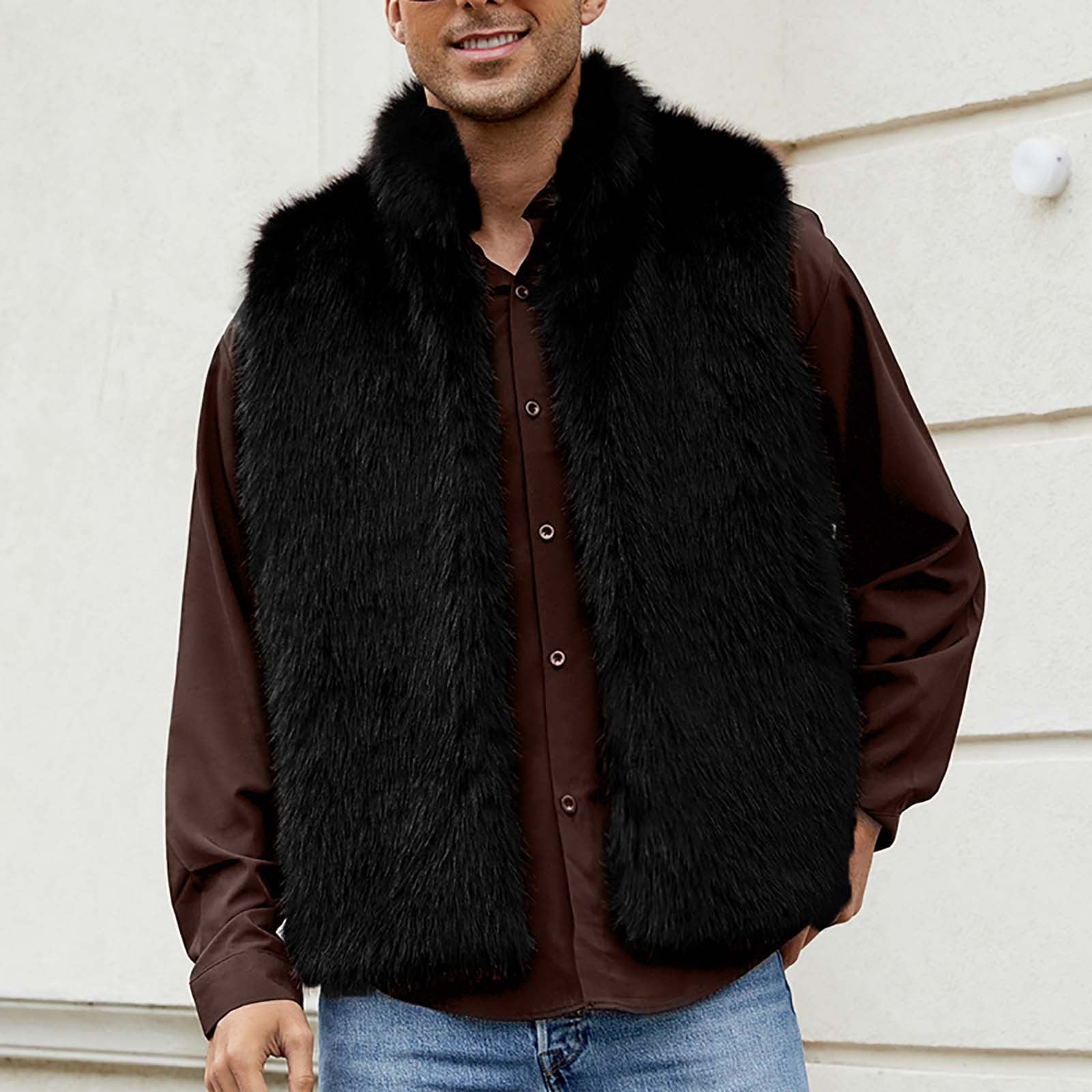 jjayotai Mens Faux Fur Vest, Winter Warm Short Coat Fluffy Shaggy ...