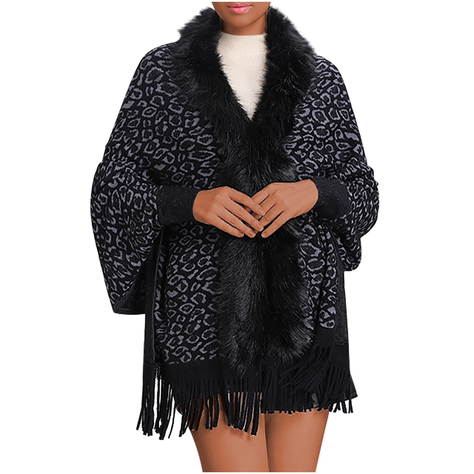 jjayotai Women's Leopard Print Cardigan, Open Front Fluffy Fringed ...