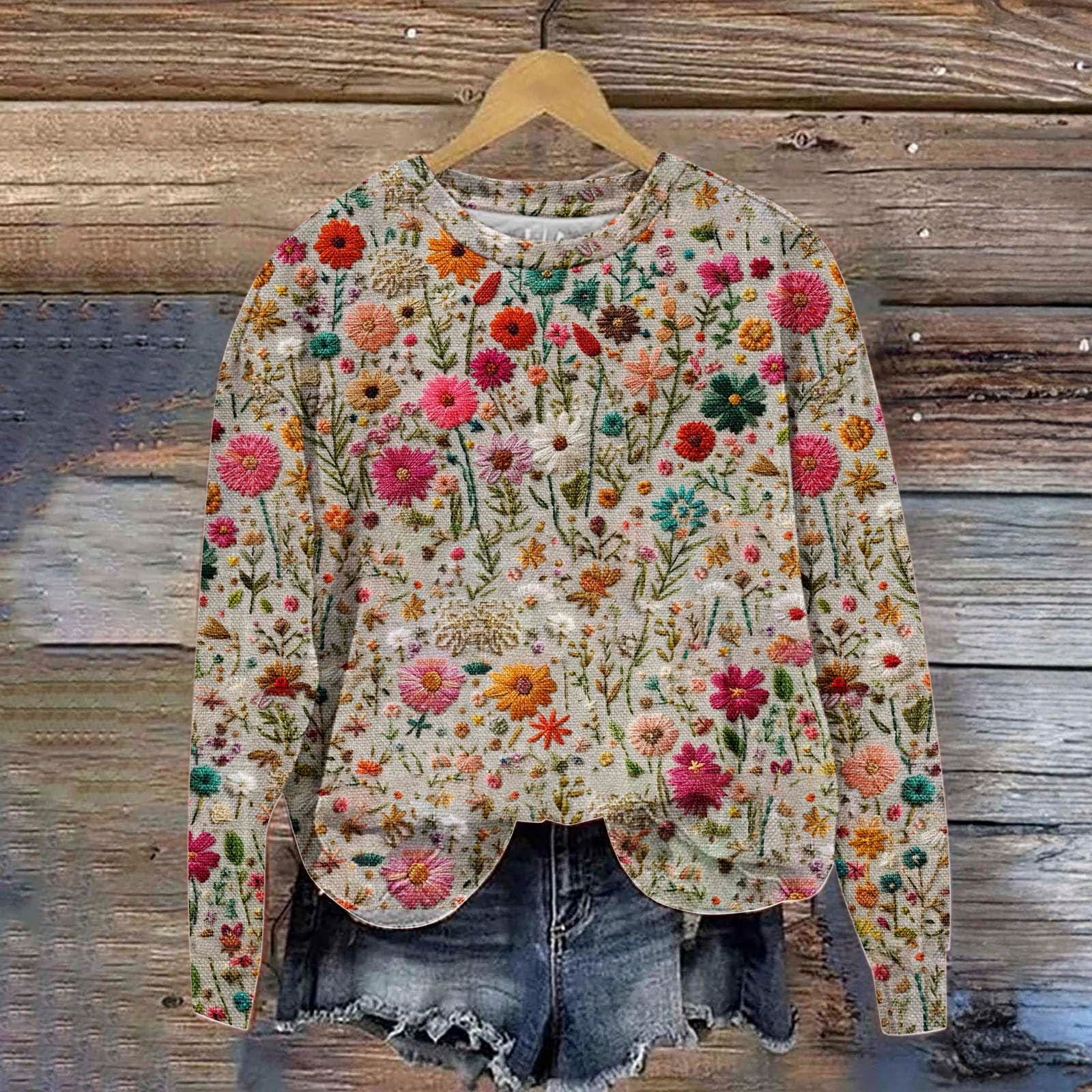 jjayotai Women’s Sweater, Flower Embroidery Pattern Art Printed Casual ...