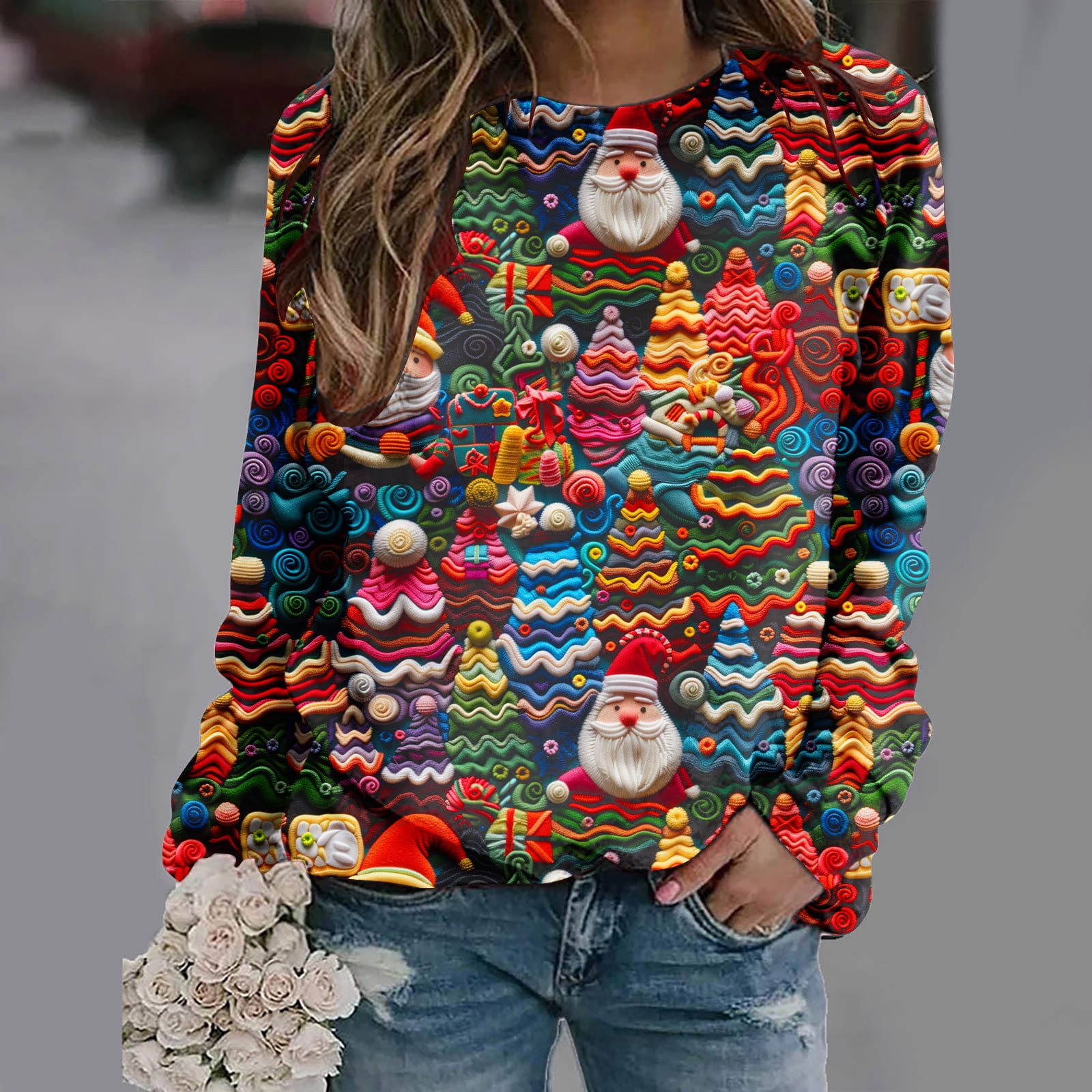 jjayotai Womens Christmas Sweatshirt, Plus Size Funny Santa Snowman 3D ...