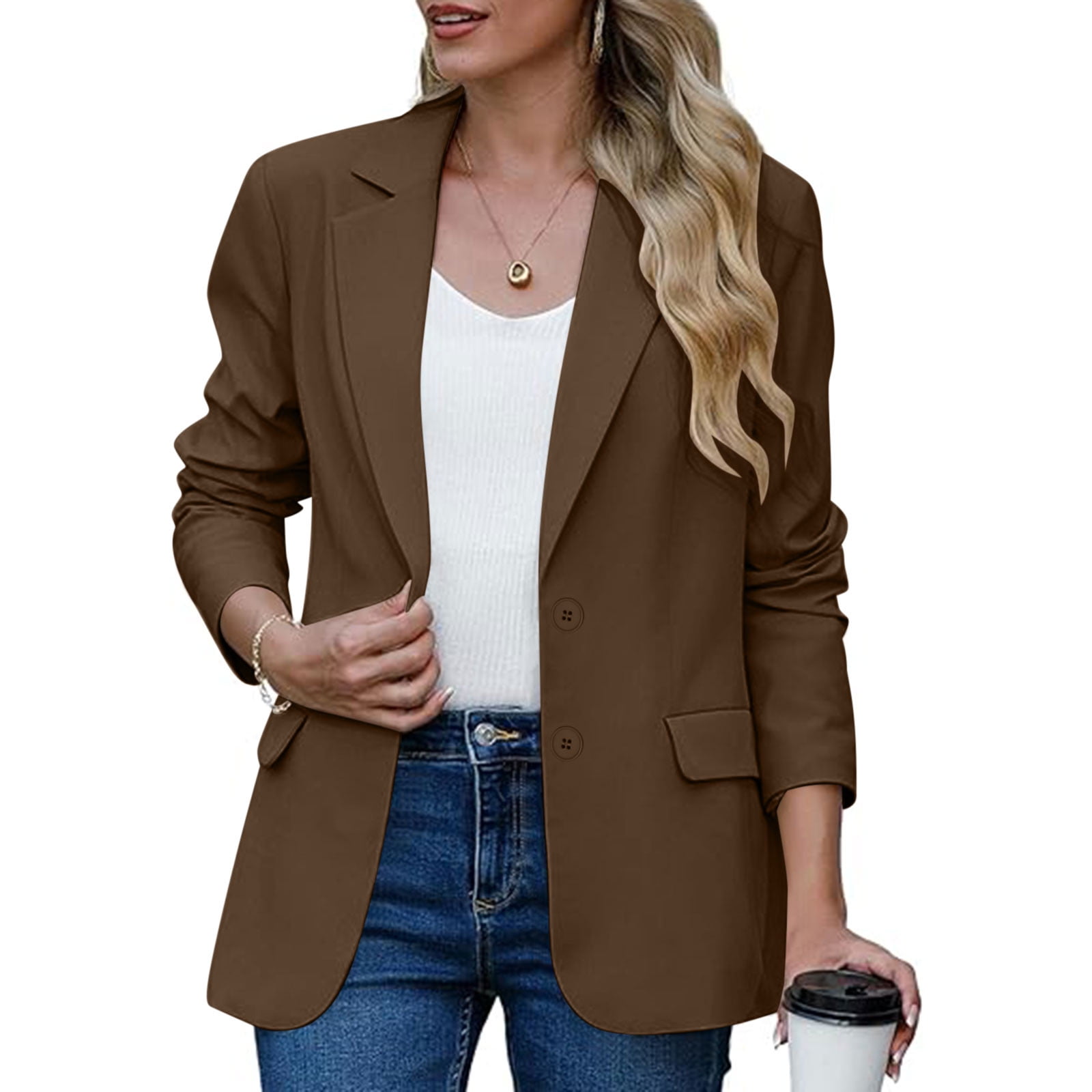 jjayotai Womens Padded Shoulder Blazer, Fall Button Open Front Business ...