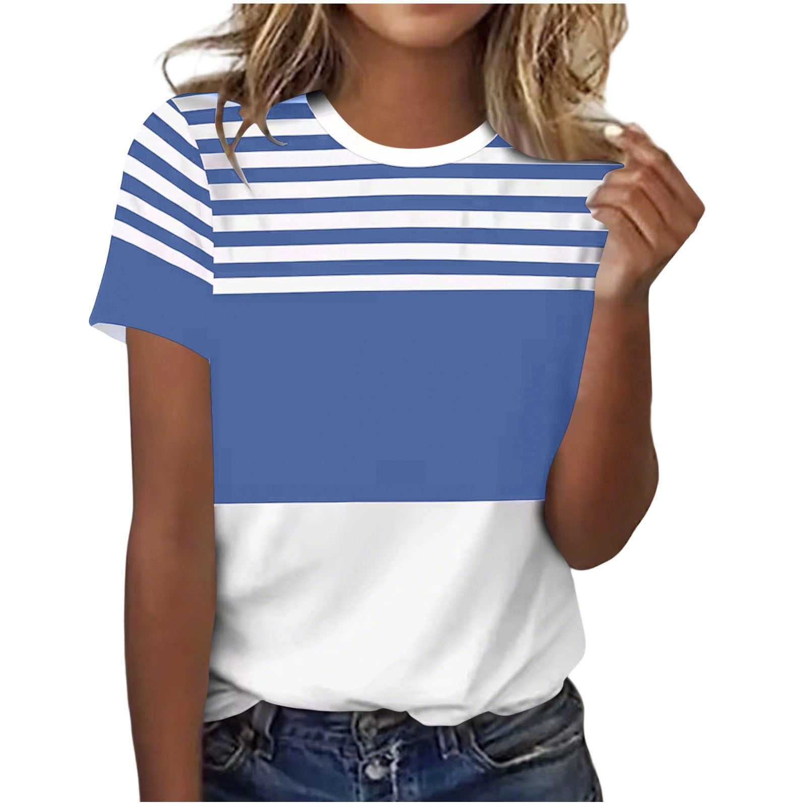 jjayotai Womens Tops Striped Color Block Tshirts Summer Short Sleeve ...