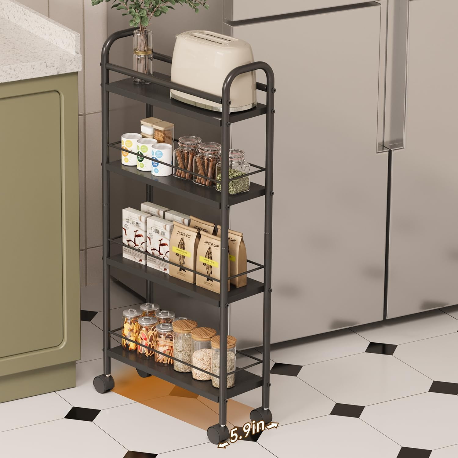 hlquji Black Slim Storage Cart 4 Tier Rolling Utility Cart on Wheels ...