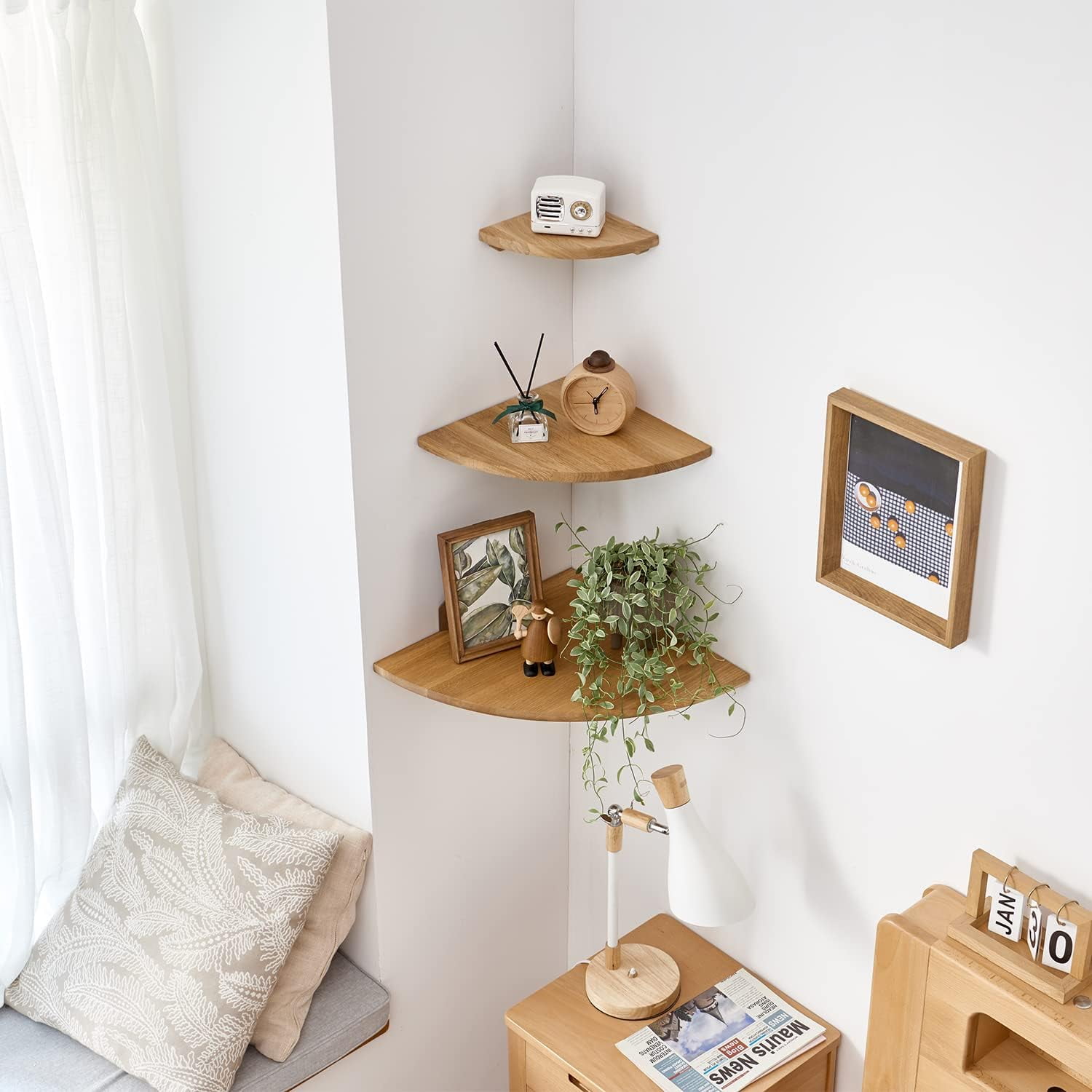 jkfgvhop Corner Shelf Wall Mount Natural Oak Wood Floating Corner Wall ...