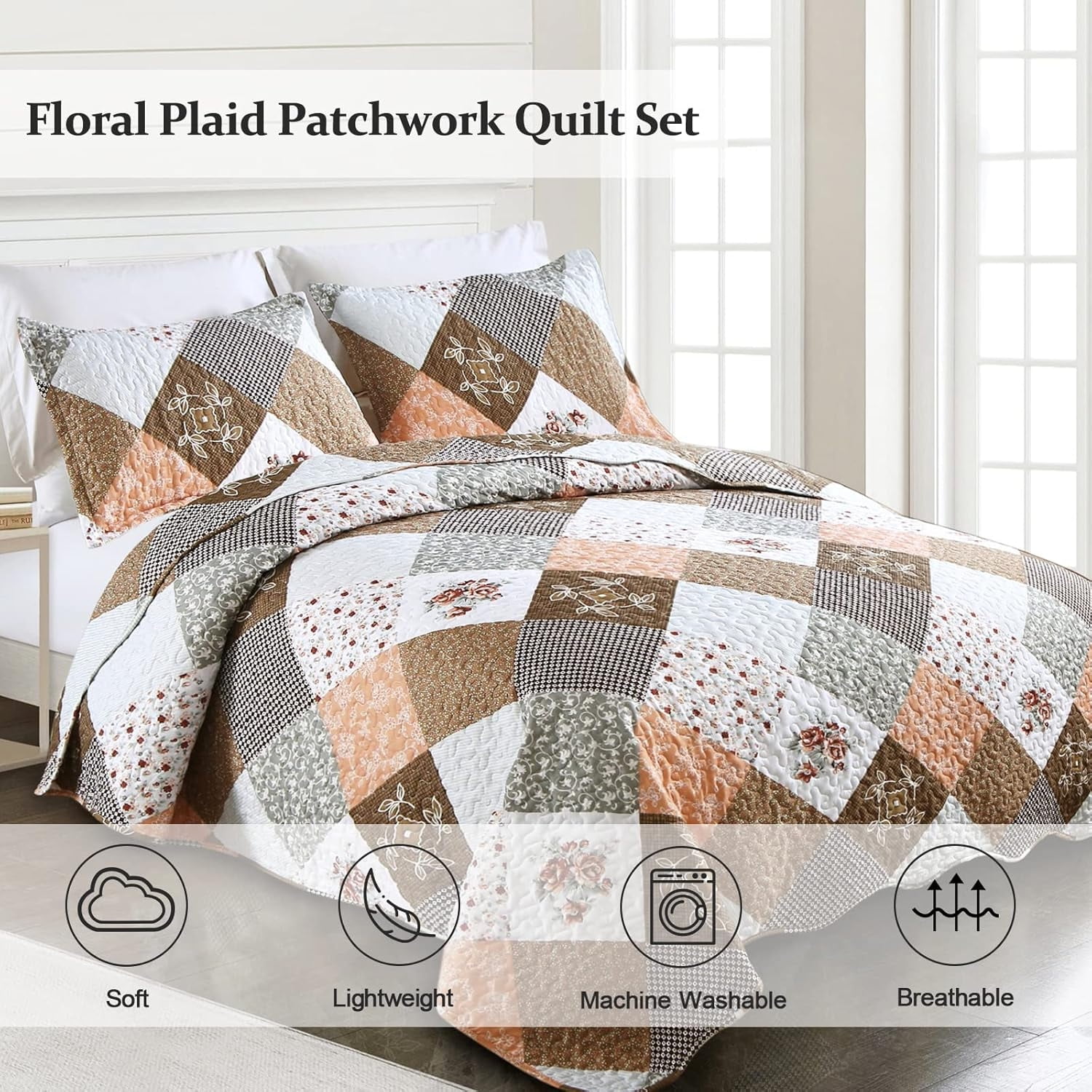jkfgvhop Floral Plaid Patchwork Quilt Set King Size Reversible Brown ...