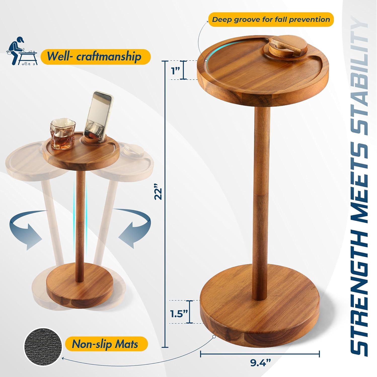 jkfgvhop Pedestal Side Table Acacia Drink Table with Weighted Base ...