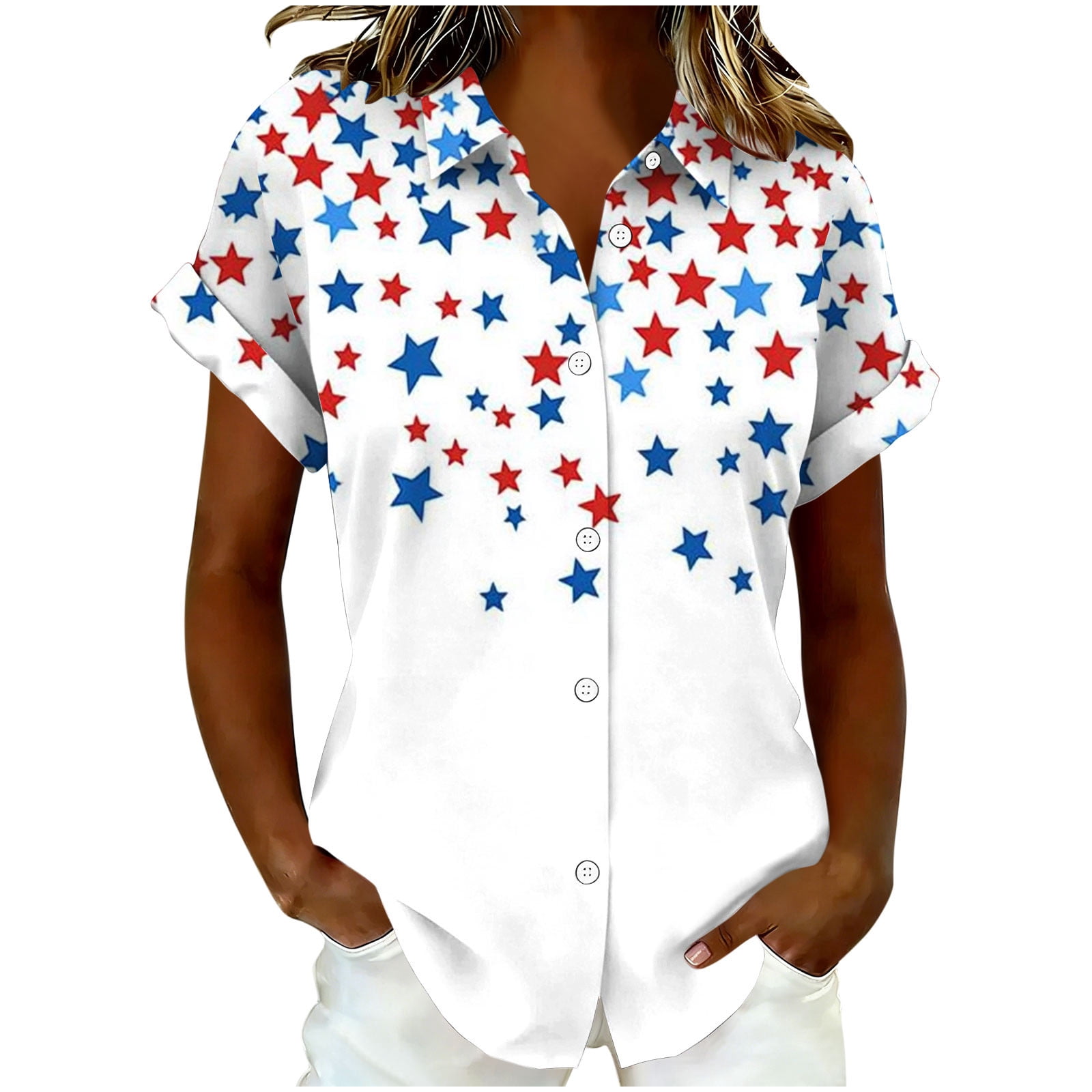 jobturf American Flag Button Down Shirt Women Collared Short Sleeve 4th ...