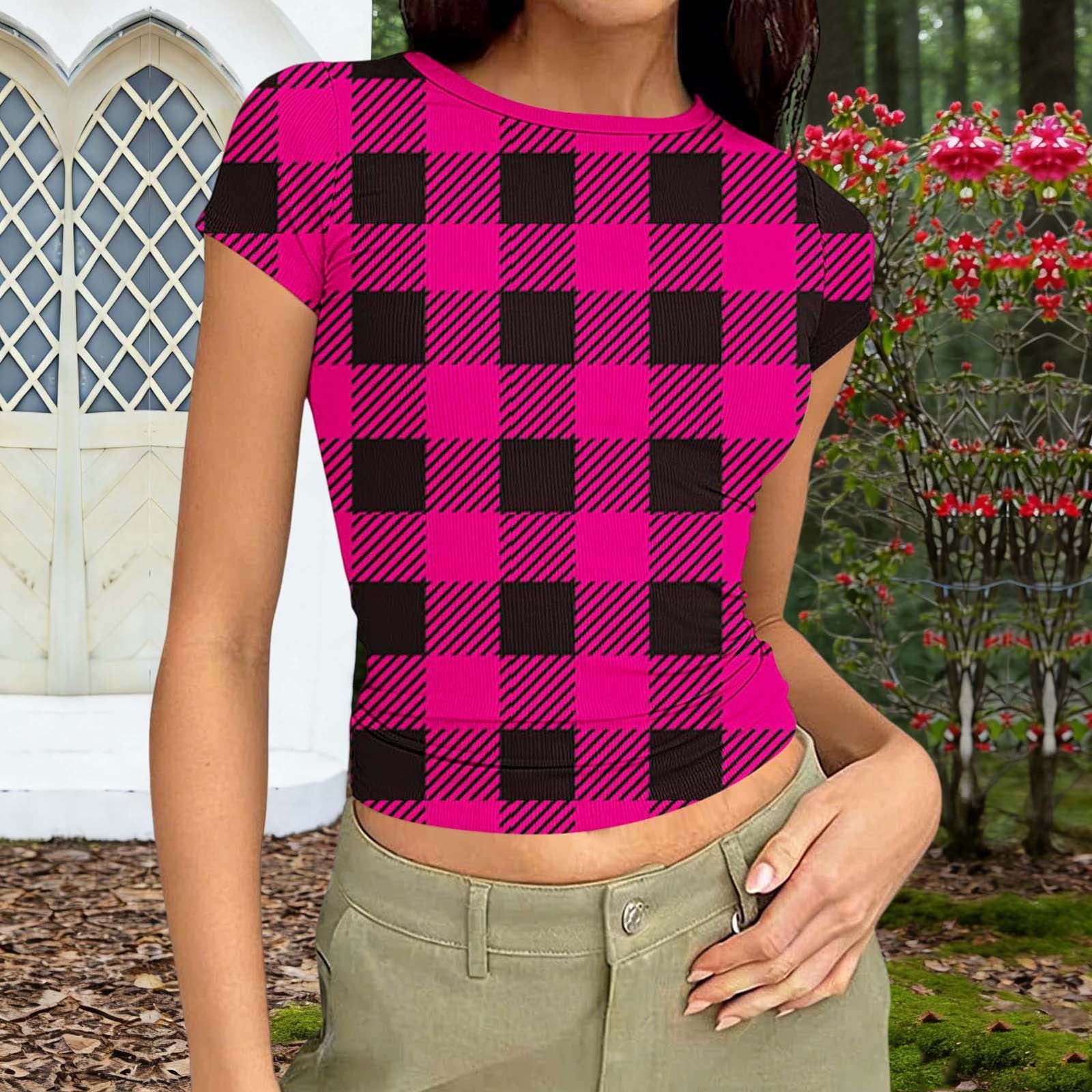 jobturf Blouses for Women Trendy Slim Fitted Crew Neck Plaid Shirt ...