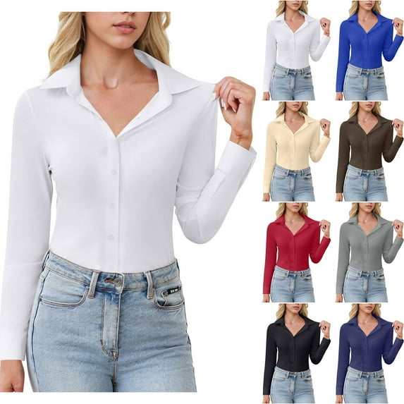 jobturf Button Down Shirts for Women Dressy Casual Collared Blouses ...
