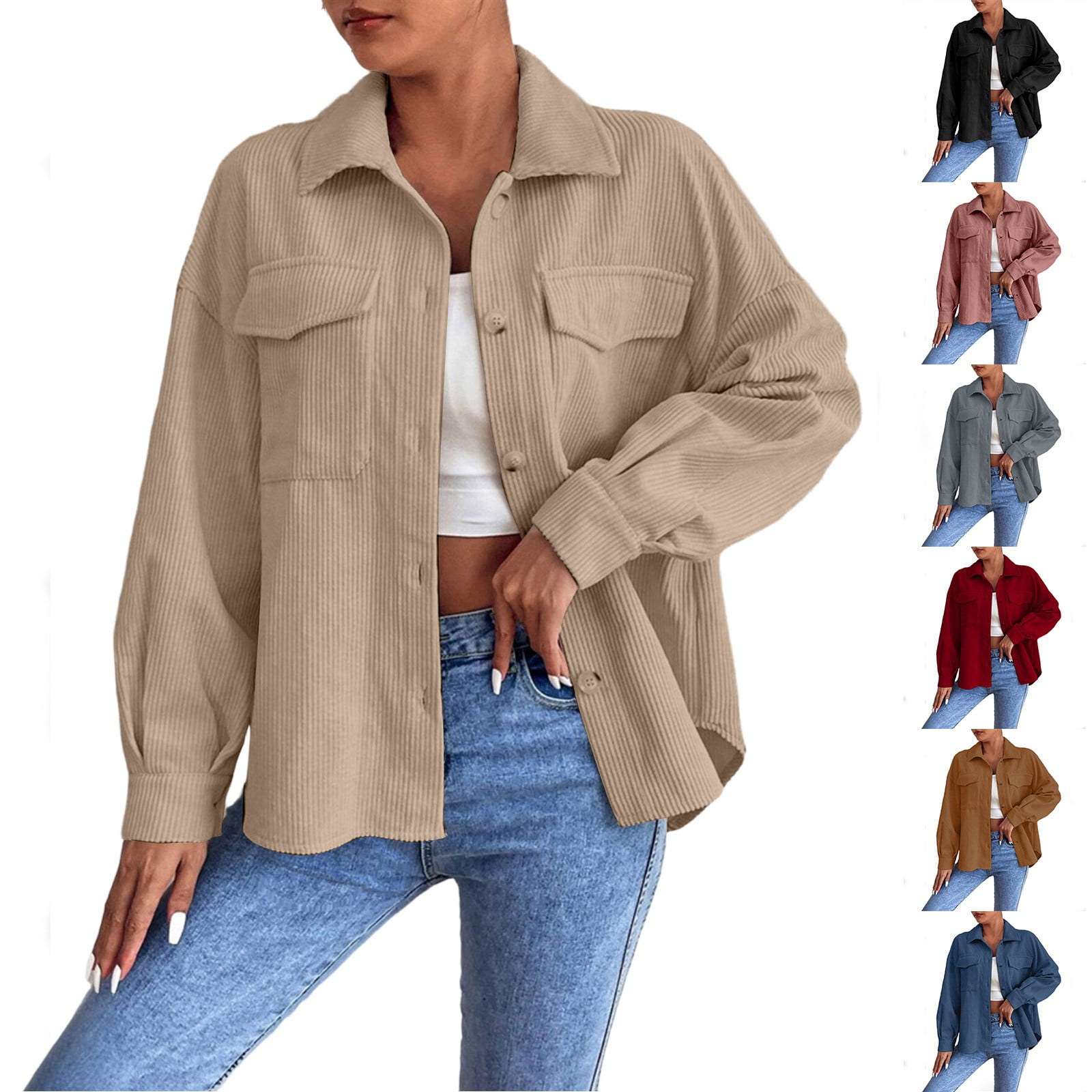 jobturf Corduroy Jacket Women Long Sleeve Button Down Shacket Casual ...