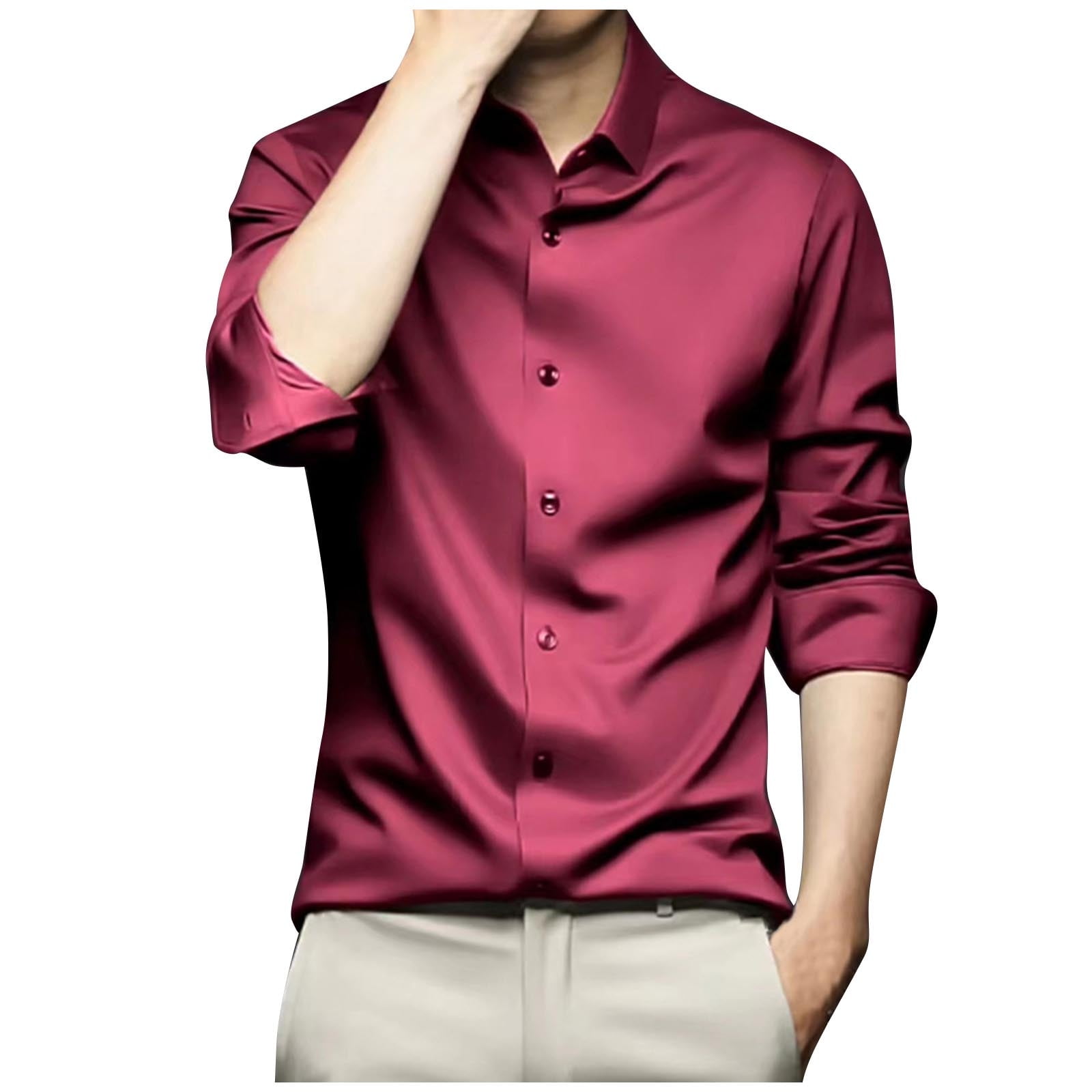 jobturf Mens Dress Shirts Silk Satin Long Sleeve Wrinkle-Free Work ...