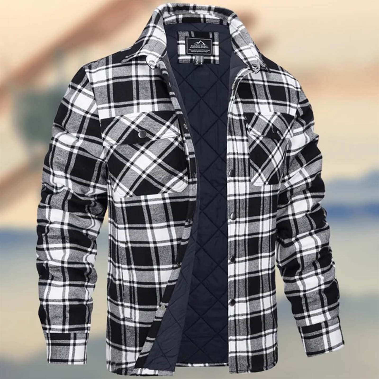 jobturf Mens Jackets Fleece Quilted Lined Plaid Shackets Casual Long ...
