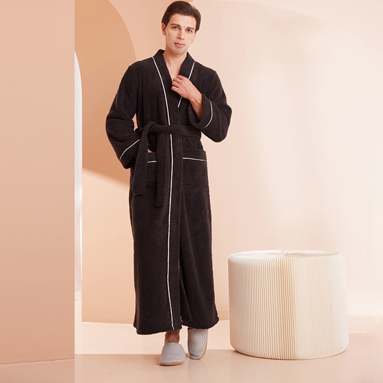 jobturf Mens Plush Fleece Robe Terry Cloth Long Sleeve Bathrobe Fuzzy ...