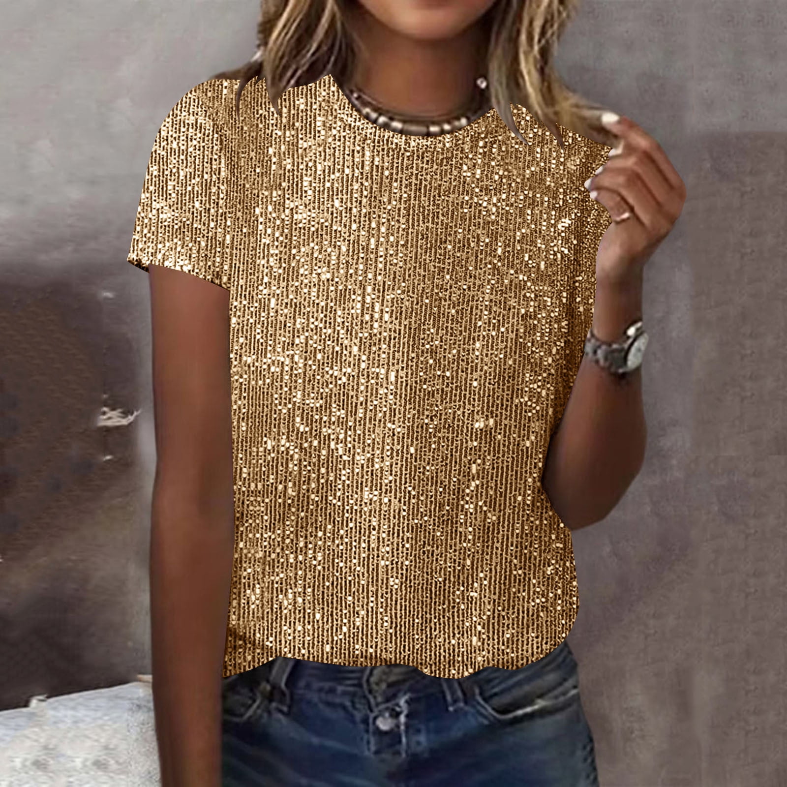 jobturf Party Tops for Women Sparkly Sequins Short Sleeve Shirts Summer ...