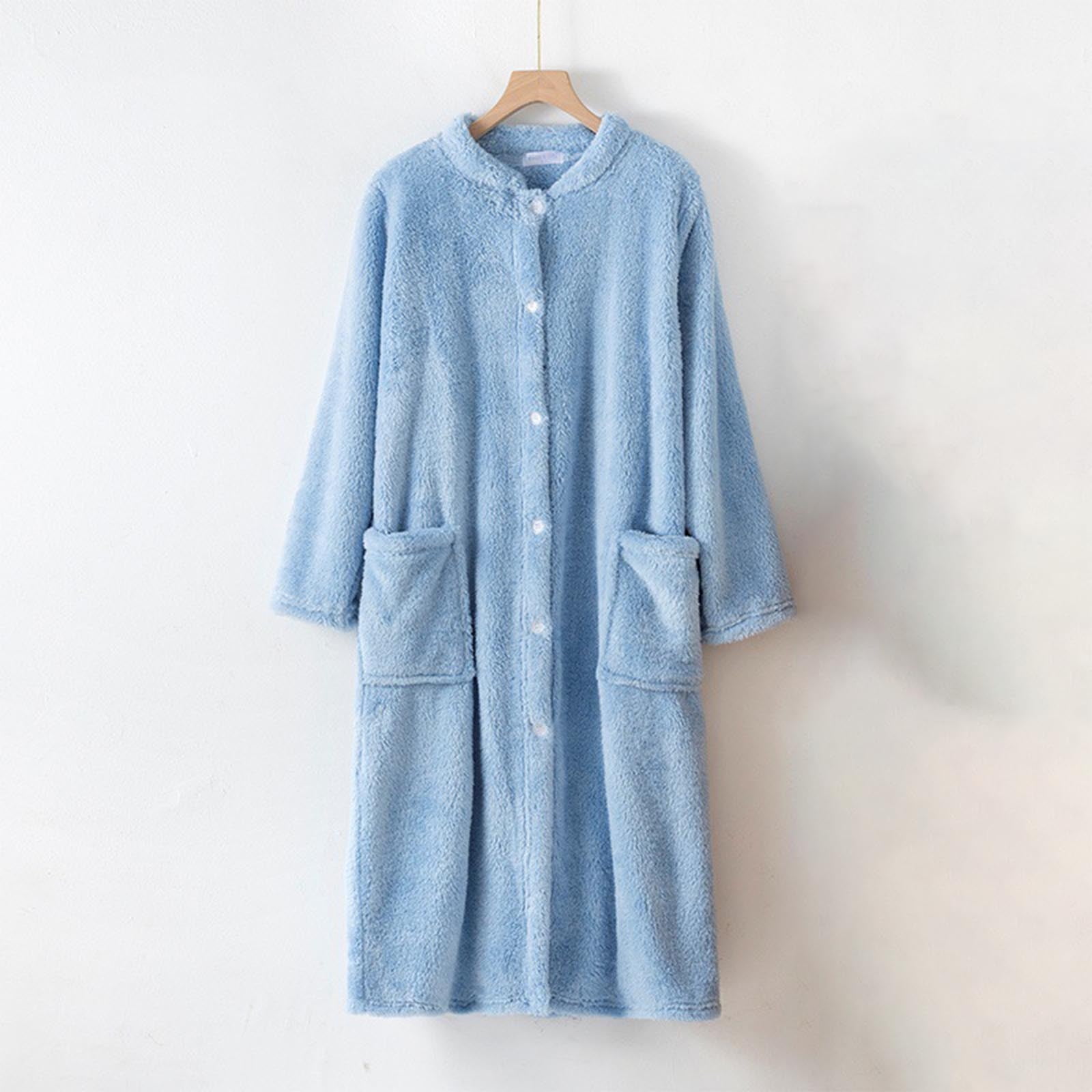 jobturf Plush Fleece Robes for Women Button Down Long Sleeve Bathrobe ...