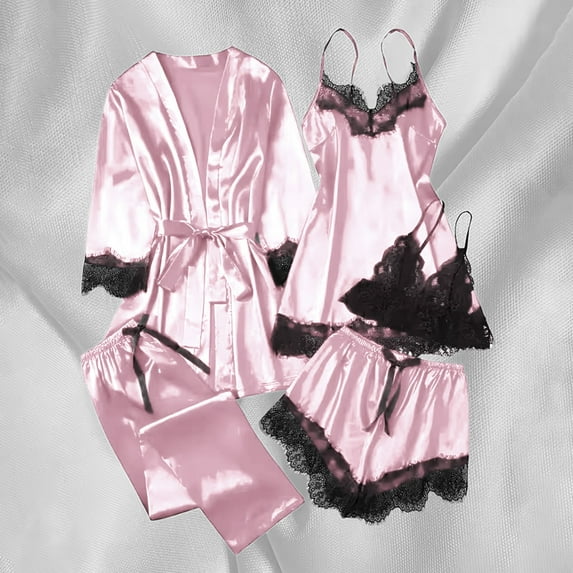 jobturf Satin Pajama Set for Women 5 Piece Fashion Lace Trim Lounge Set ...