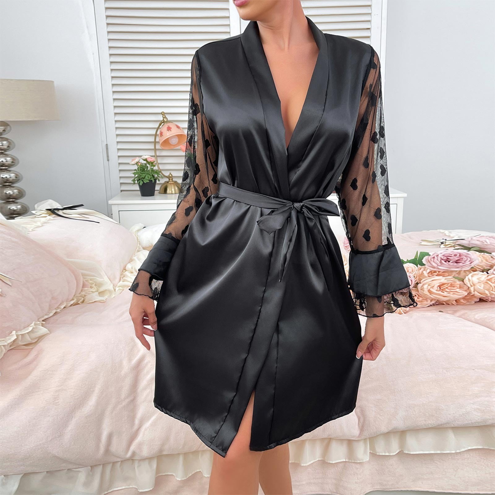 jobturf Robes for Women Silk Satin V Neck Bathrobe Lace Long Sleeve ...