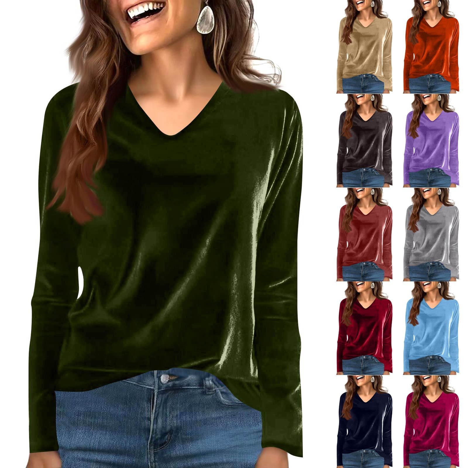 jobturf Velvet Tops for Women Dressy Casual V Neck Long Sleeve Shirts ...