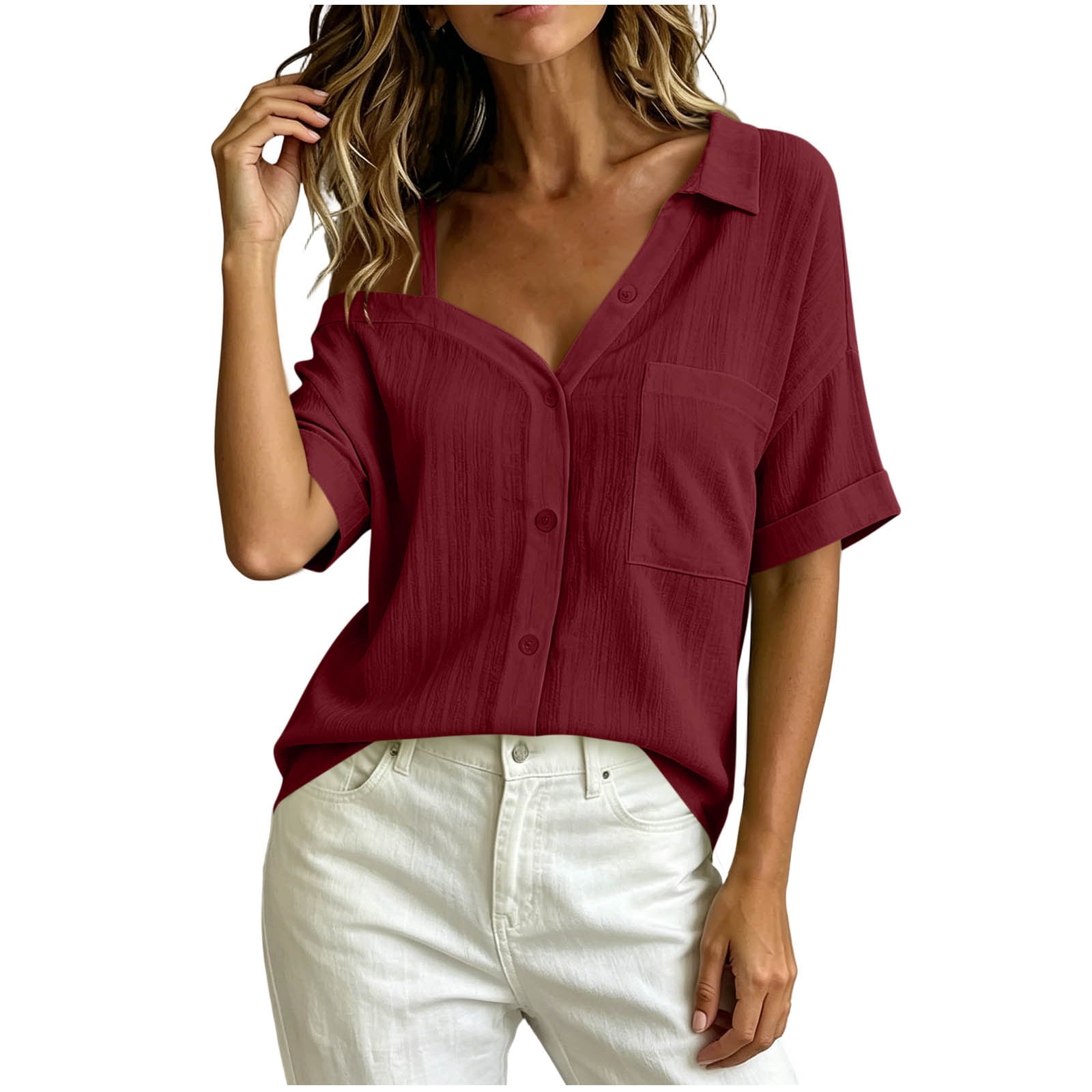 jobturf Women's Asymmetric Cold Shoulder Tops Short Sleeve Gauze Button ...