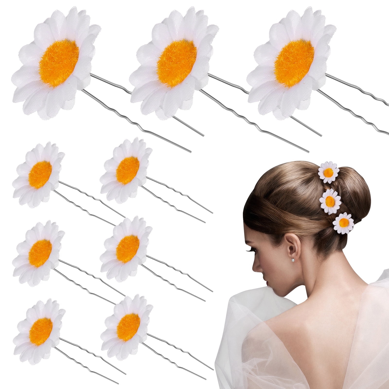 jojofuny Hair Stick Pin Faux Flower Clips 12Set In White And Yellow ...
