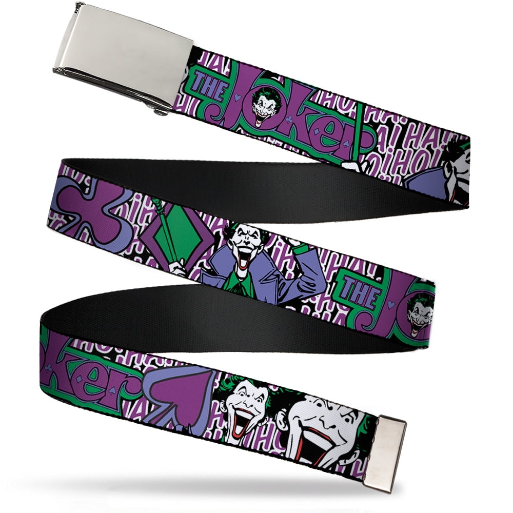 DC Comics Belt, Flip Web Belt Joker Face Logo Spades Black White Purple ...