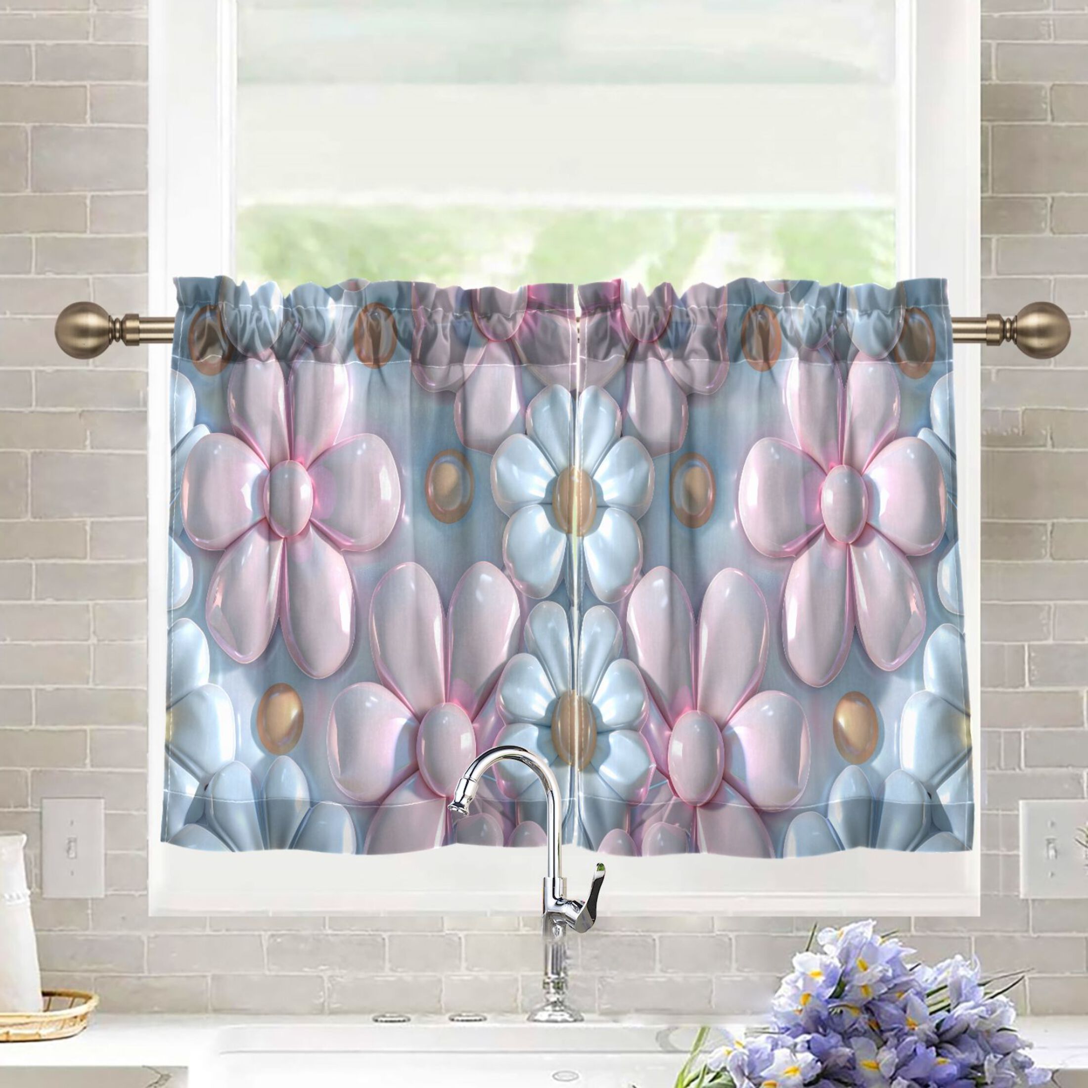 joogoo 3d Pink Flowers Curtains Sets Half Window Cafe Farmhouse Tier 2 ...