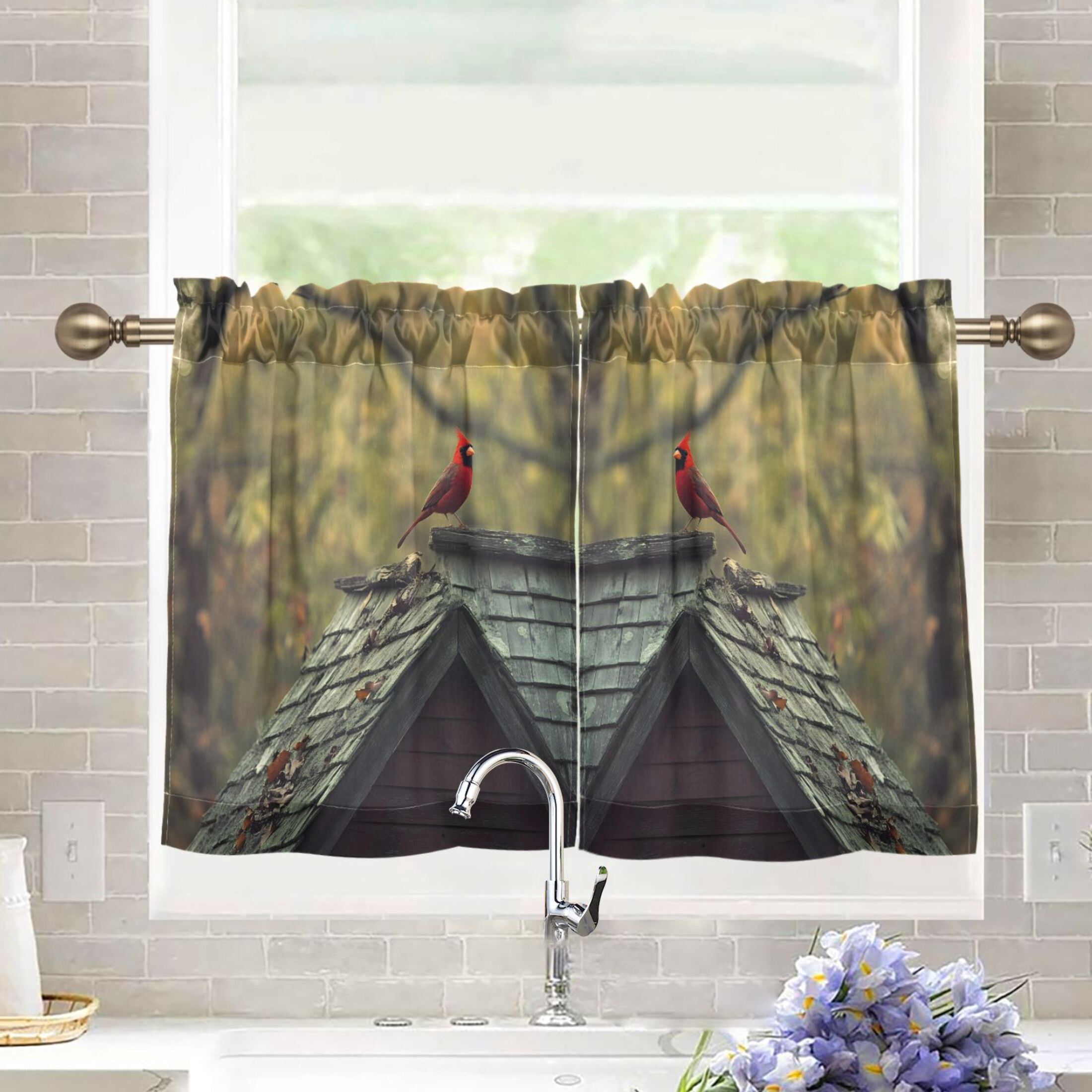 joogoo A Red Bird Stand on Roof Curtains Sets Half Window Cafe ...