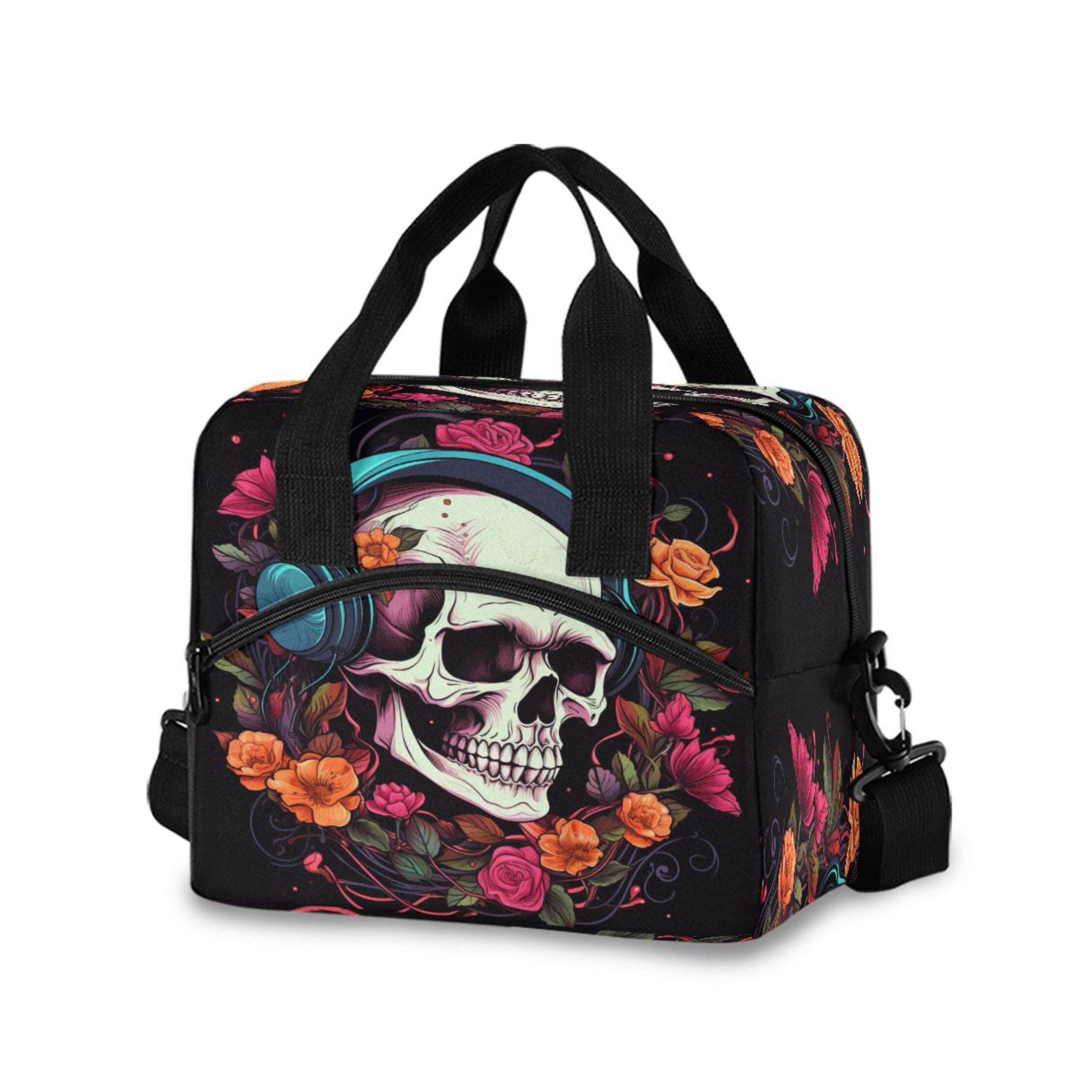 joogoo A Skeleton with Floral on Head Listening Insulated Lunch Bags ...