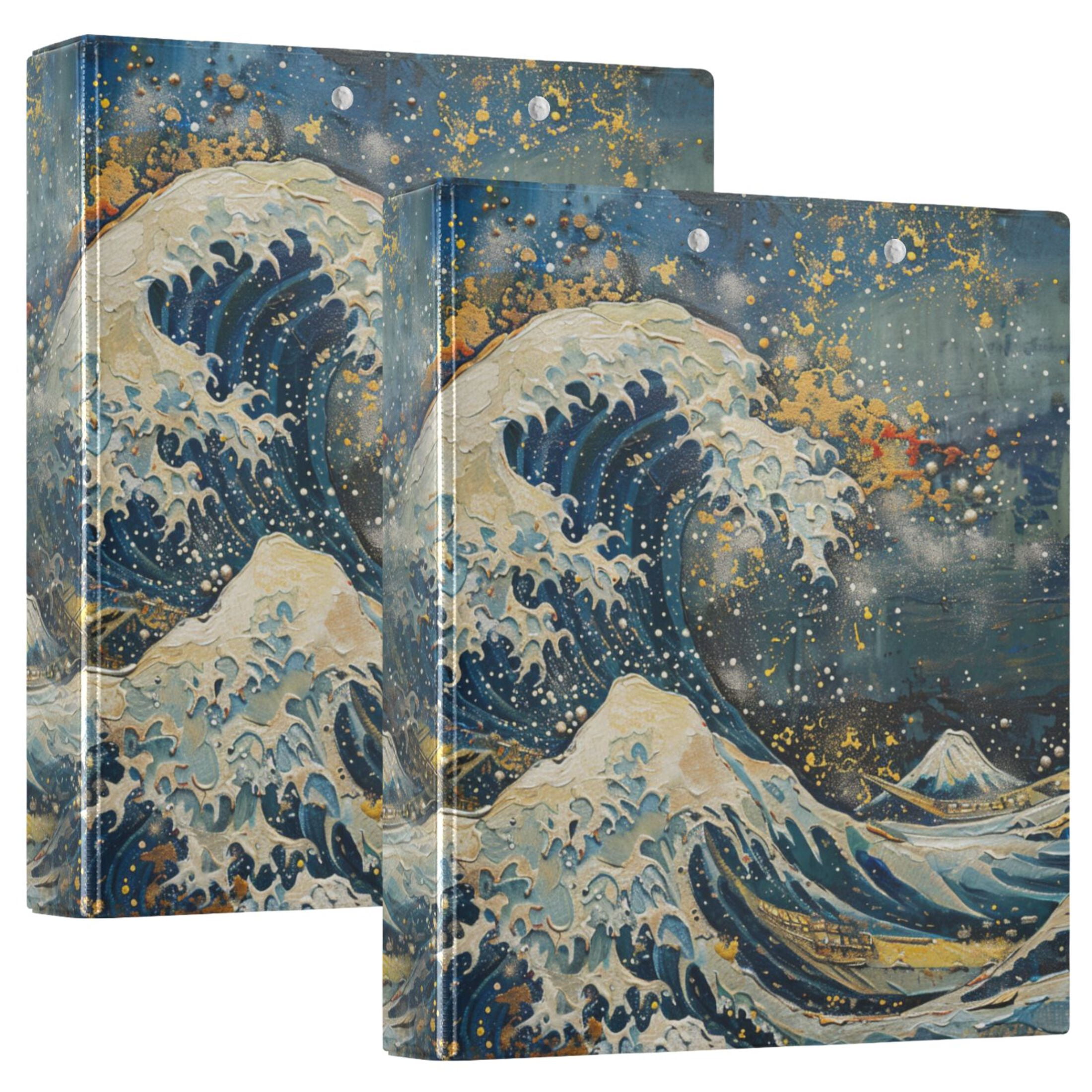 joogoo Abstract Japanese Wave Hardcover 3 Ring Binder 1.5" Round Rings Interior Pockets Binders ...