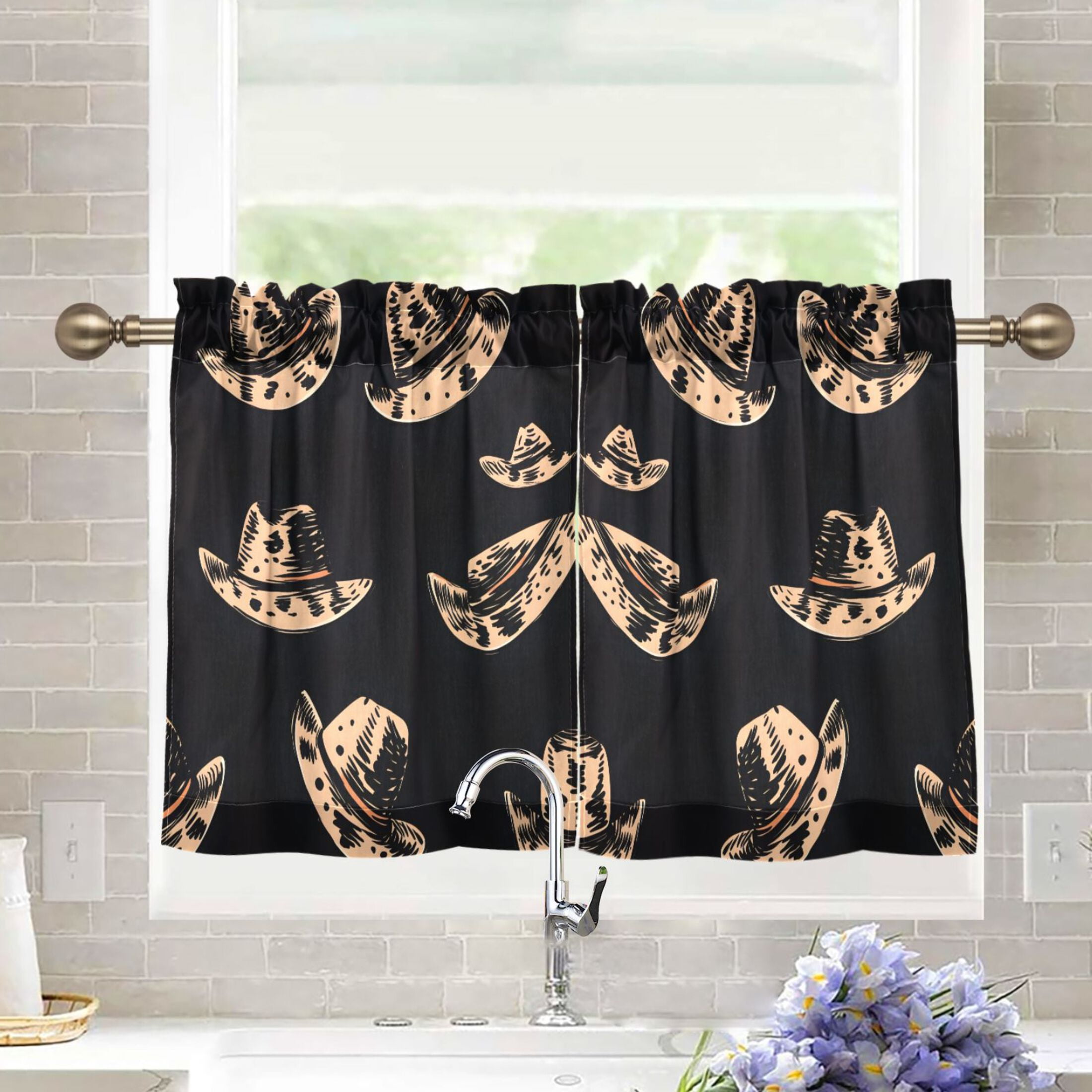 joogoo Art Hat Pattern Curtains Sets Half Window Cafe Farmhouse Tier 2 ...