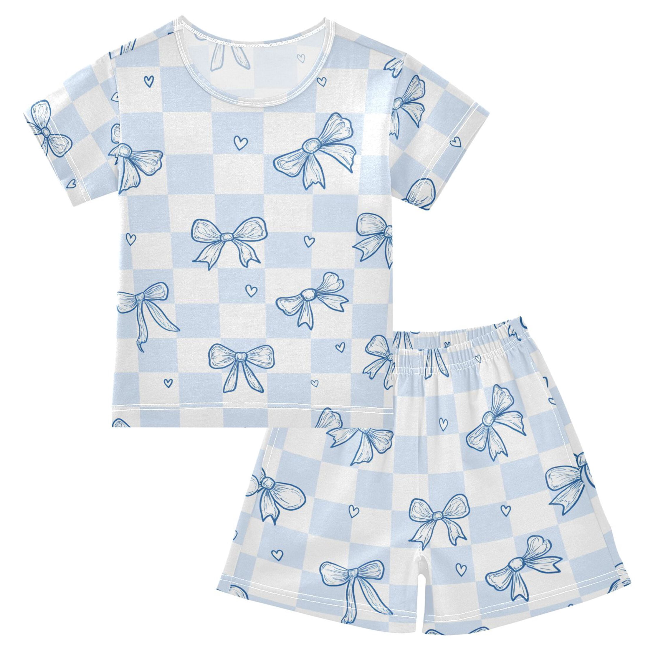 joogoo Blue Bow Checkered Pajama Sets Short Sleeve Cotton 2-Piece ...