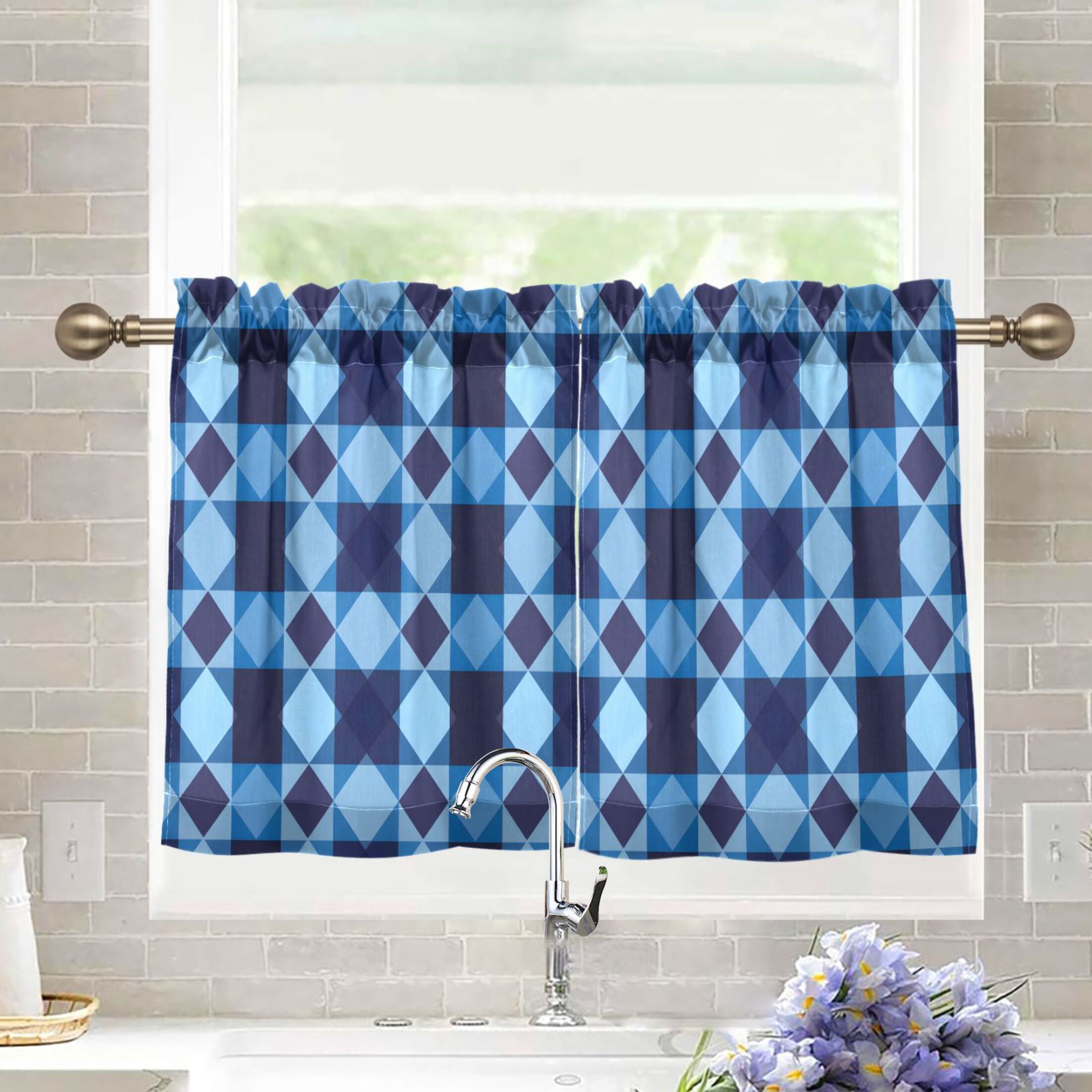 joogoo Blue Checkered Grid Pattern Curtains Sets Half Window Cafe ...