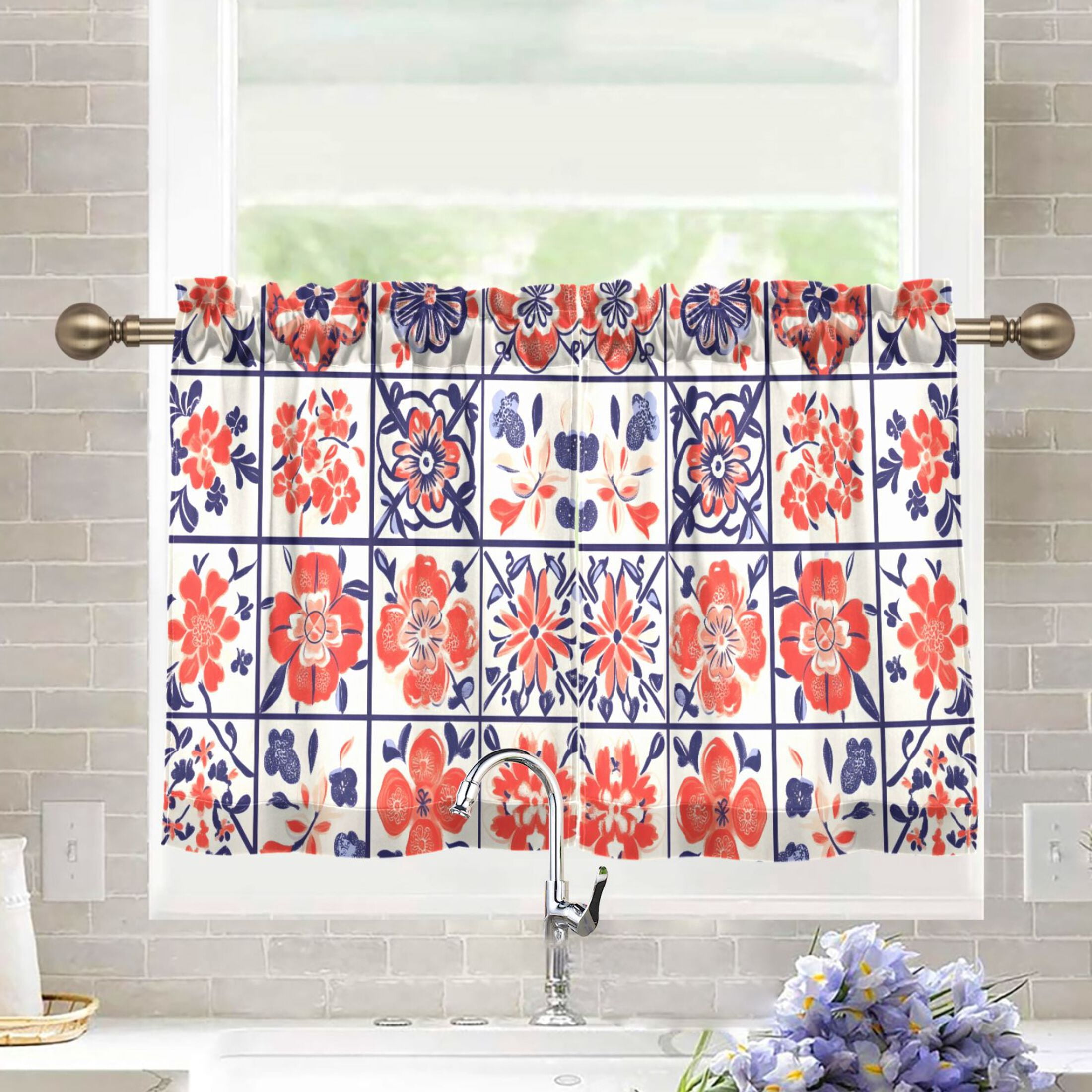 joogoo Boho Flower in Checkered Grid Curtains Sets Half Window Cafe ...