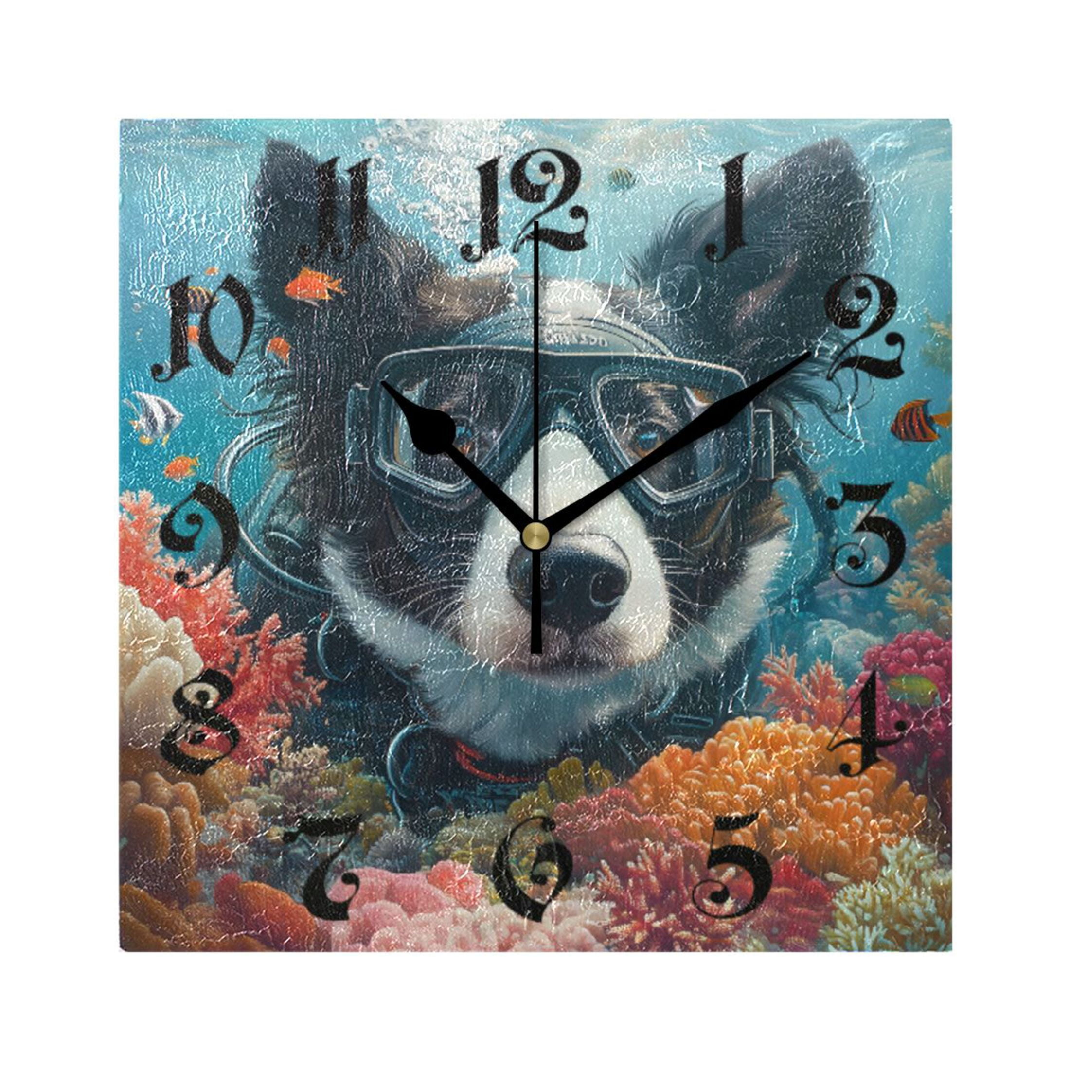 joogoo Border Collie Dog Swim Wall Clock Square Silent Non-Ticking ...